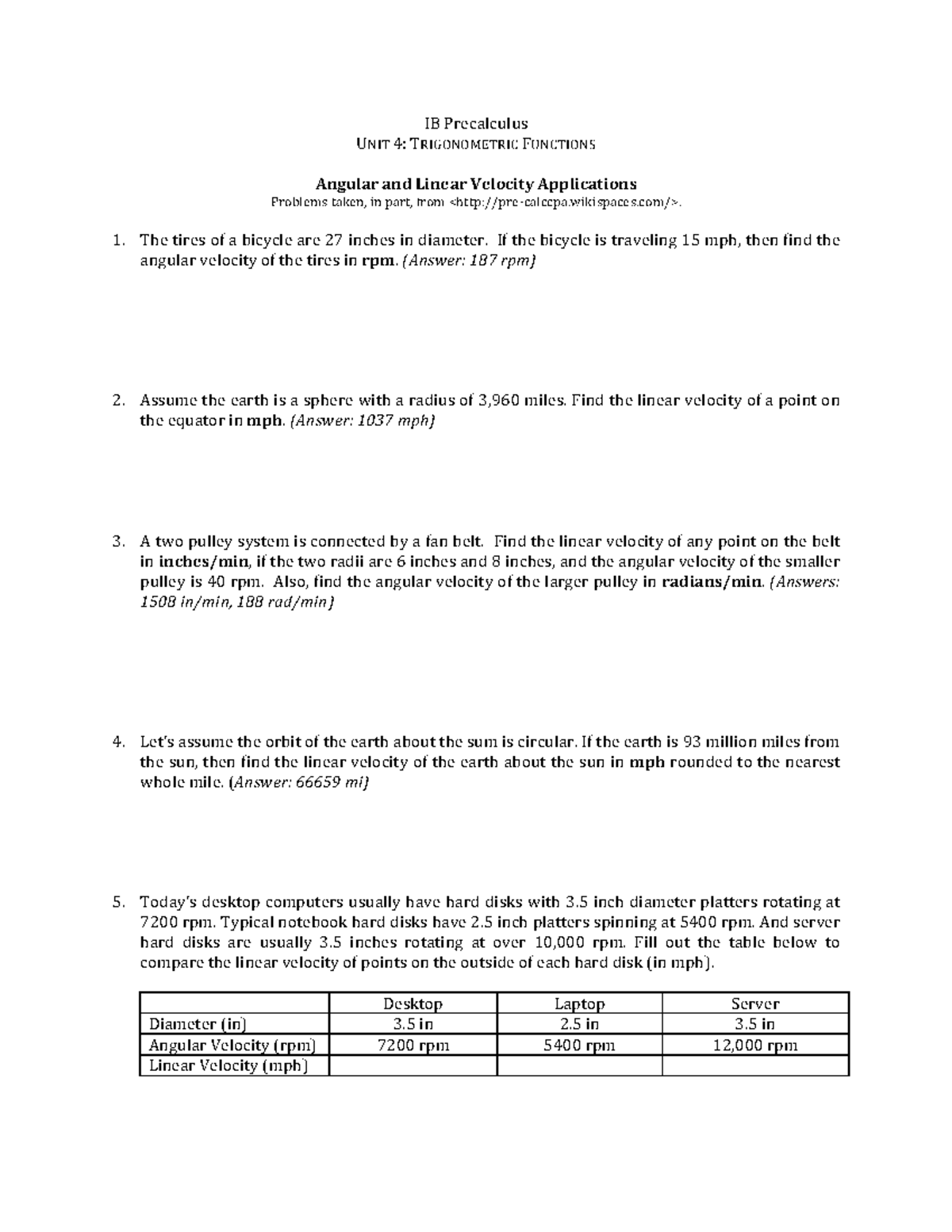 1) Angular and Linear Velocity Applications - IB Precalculus U NIT 4: T ...