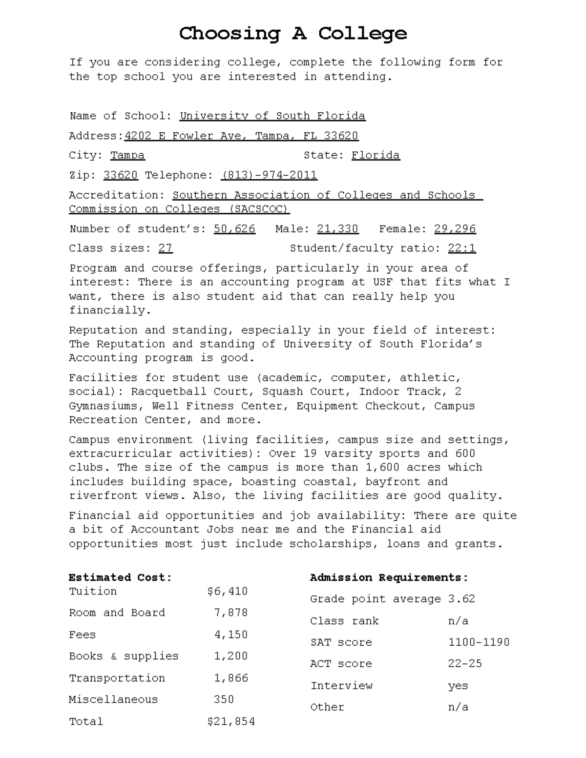 Considering College Worksheet - Choosing A College If you are ...