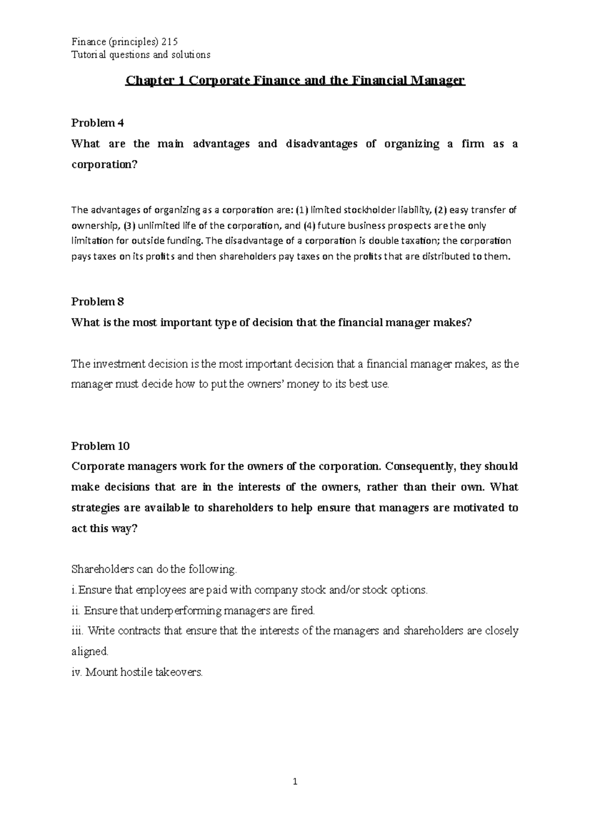Finance (Principles): Tutorial 2 Questions & Solutions or Chapter 1 ...