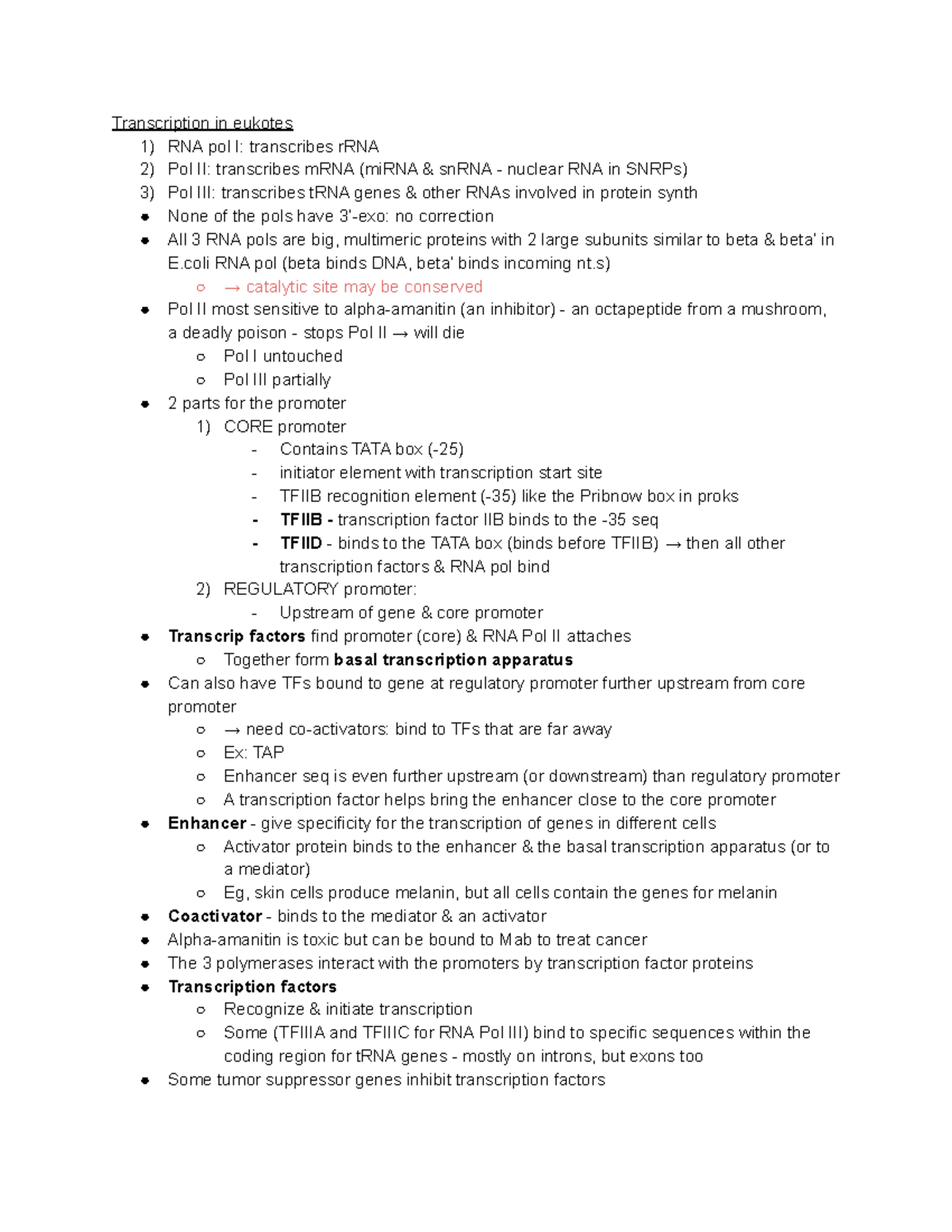 Biochem Final Exam - Professor: Dr. Haces - Transcription in eukotes 1 ...