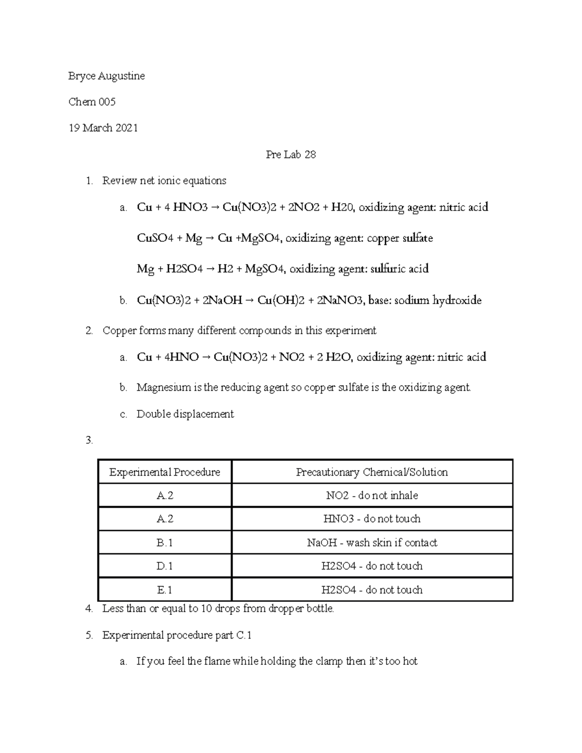 Pre lab 28 - pre lab 28 help for chem 1 - Bryce Augustine Chem 005 19 ...