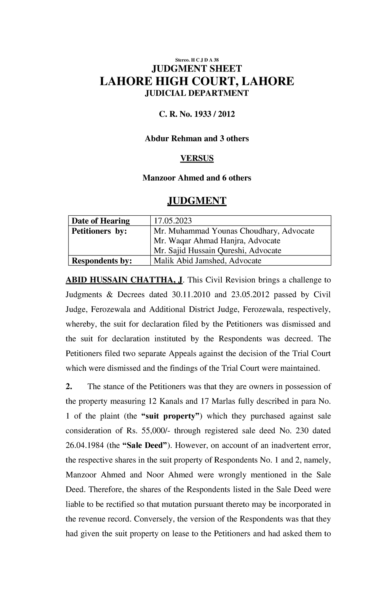 2023LHC2786 - It's Case Law passed by Honable High Court - Stereo. H C J D A 38 JUDGMENT SHEET ...