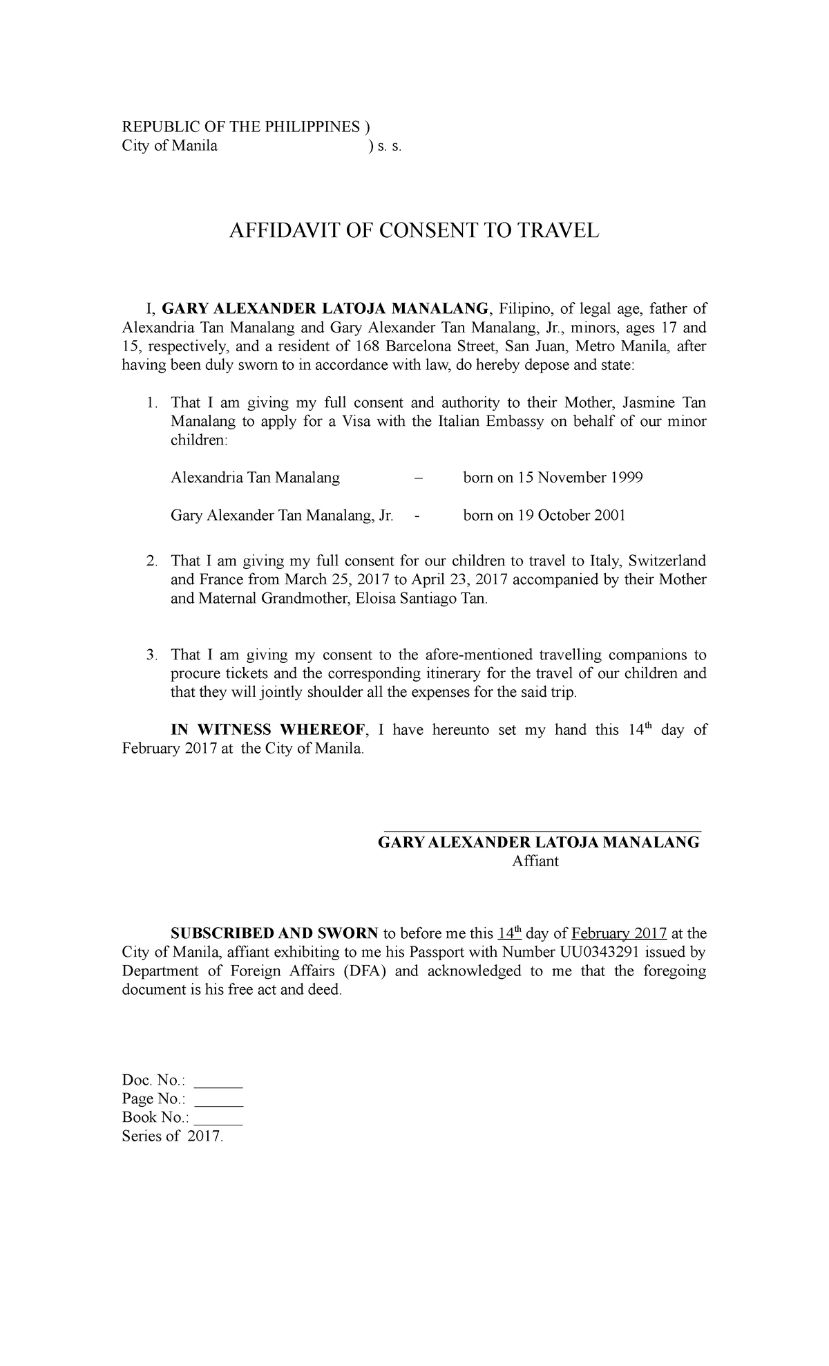 Affidavit of consent - sample - REPUBLIC OF THE PHILIPPINES ) City of ...