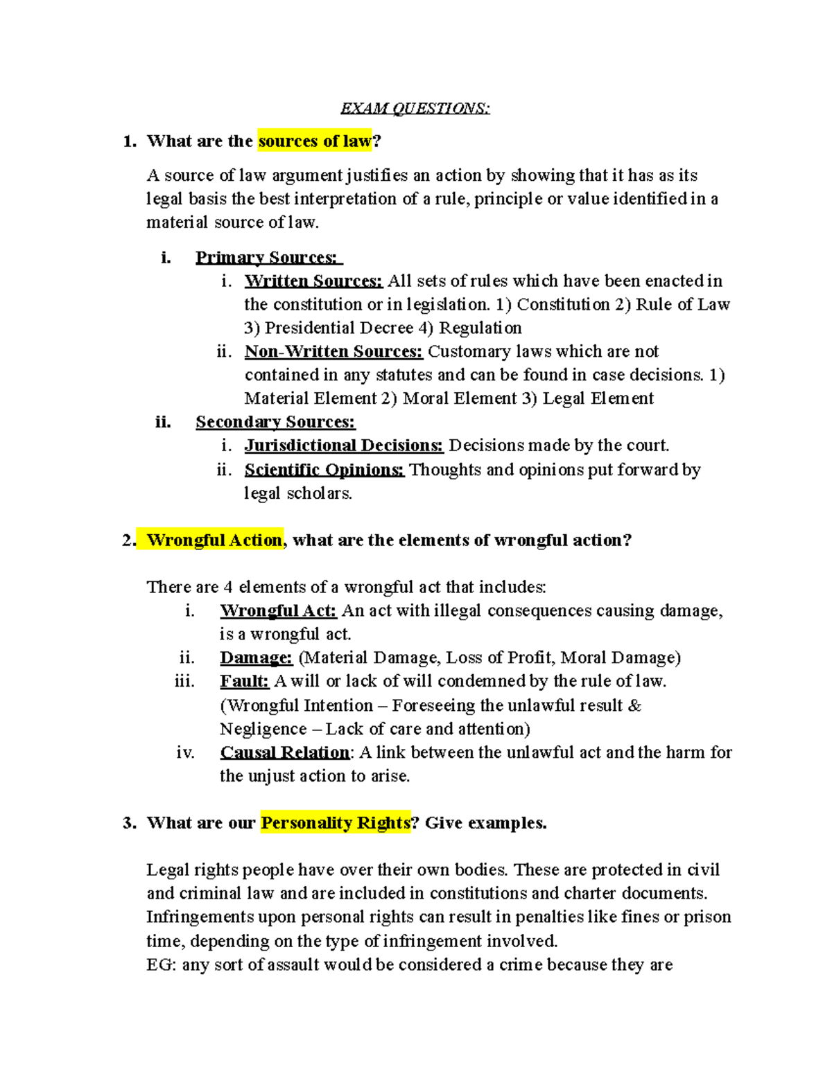 Intro to law - questions - EXAM QUESTIONS: What are the sources of law ...