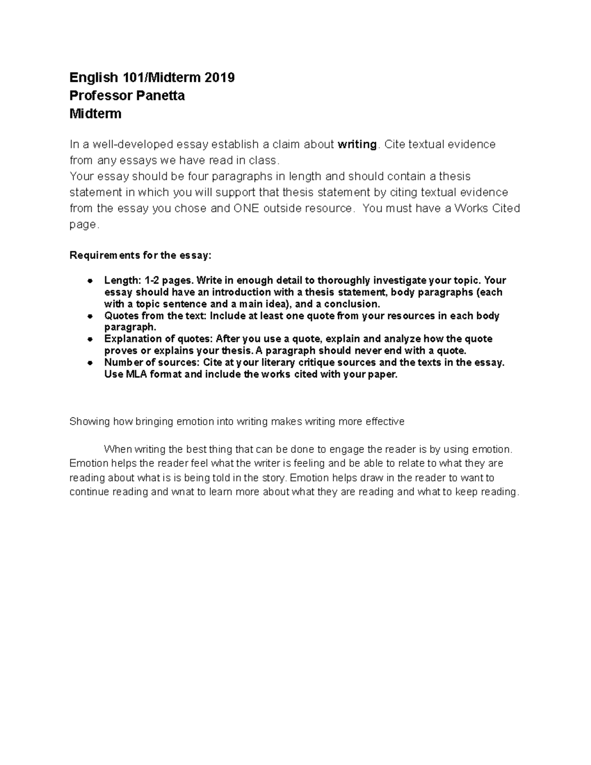 Midterm for English - English 101/Midterm 2019 Professor Panetta ...