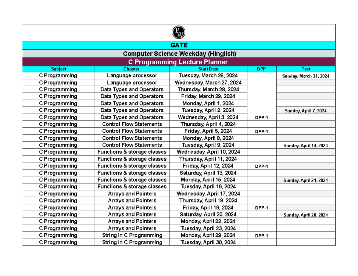 Lecture Planner C Programming - GATE Computer Science Weekday (Hinglish ...