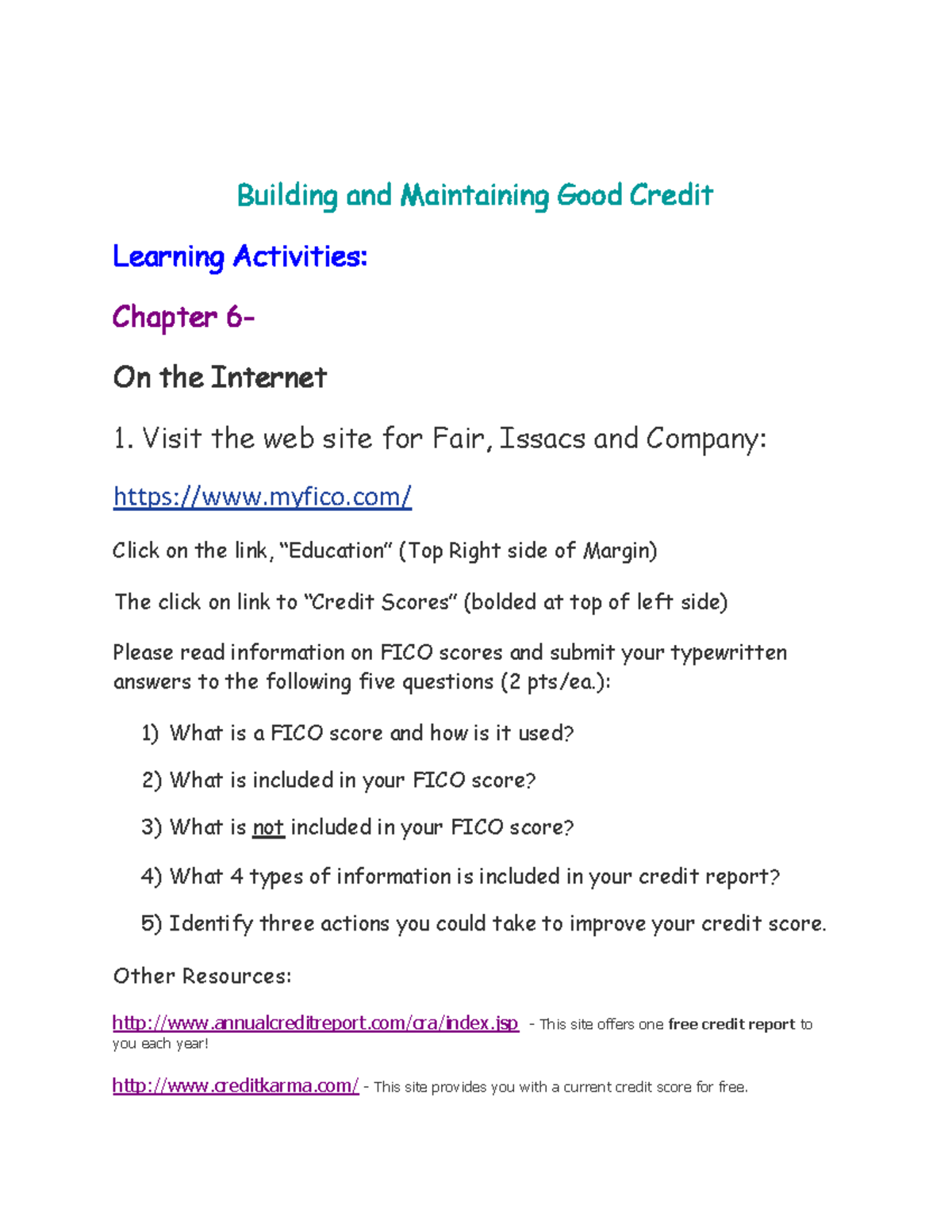 Chapter 6 Assignment - Building and Maintaining Good Credit Learning ...