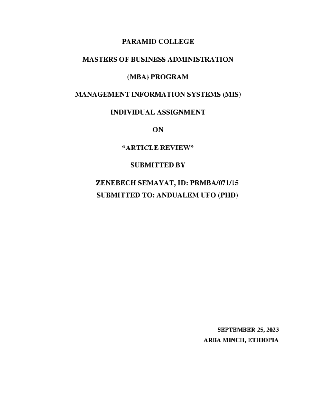 Zenebech - group project - PARAMID COLLEGE MASTERS OF BUSINESS ...