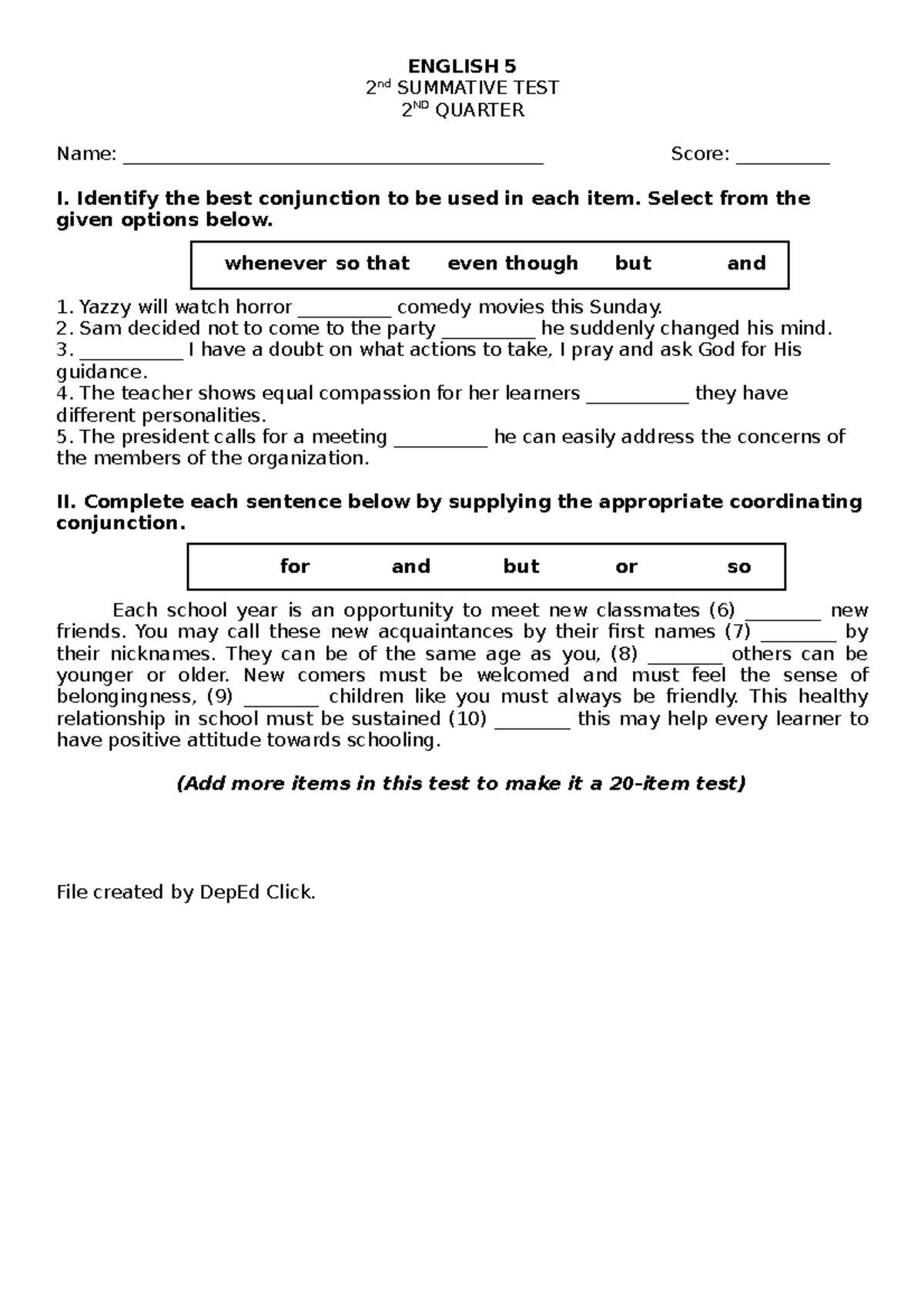 ENG5 ST2 Q2 - module - ENGLISH 5 2 nd SUMMATIVE TEST 2 ND QUARTER Name ...