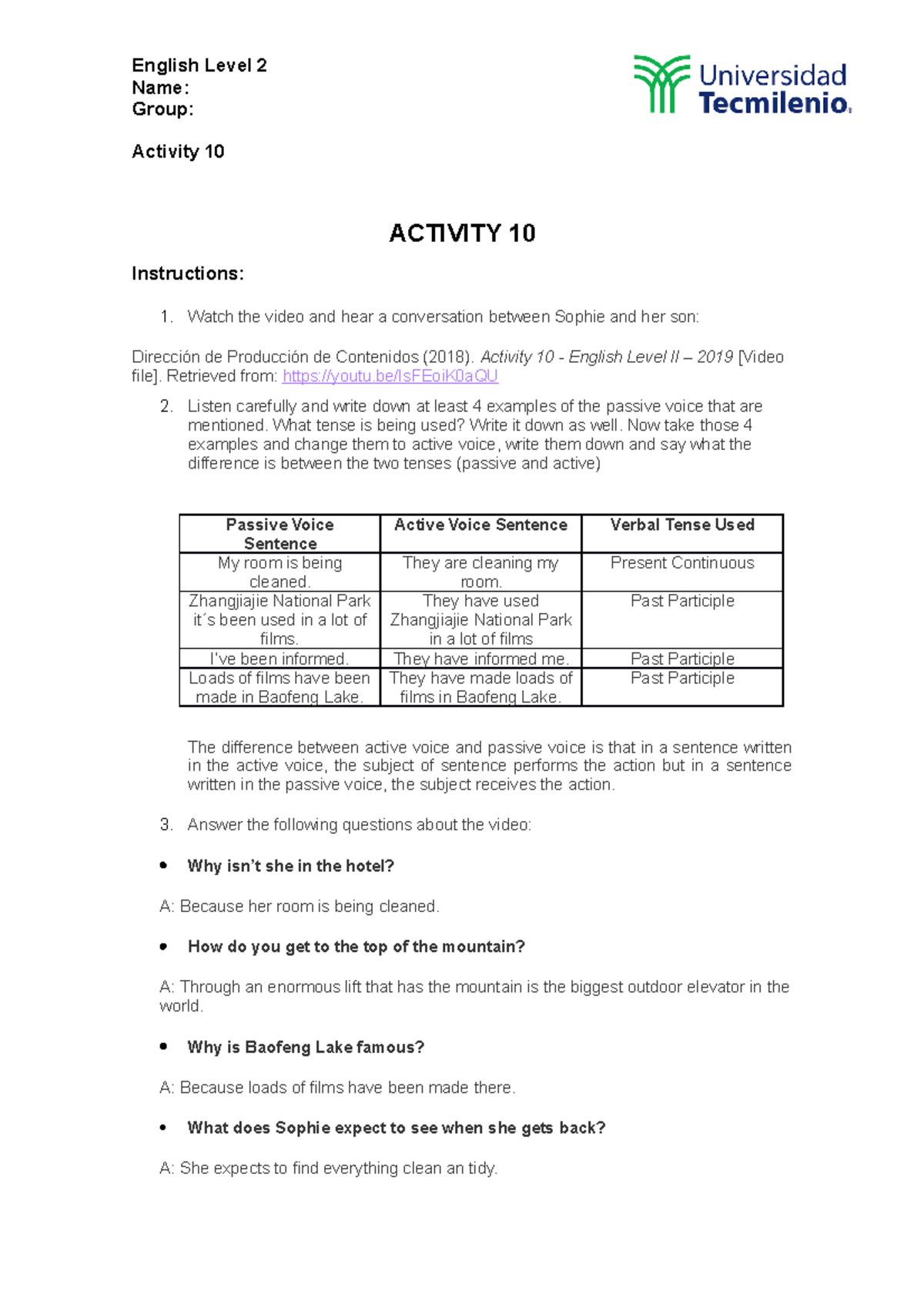 Activity 10 English - English Level 2 Name: Group: Activity 10 ACTIVITY ...