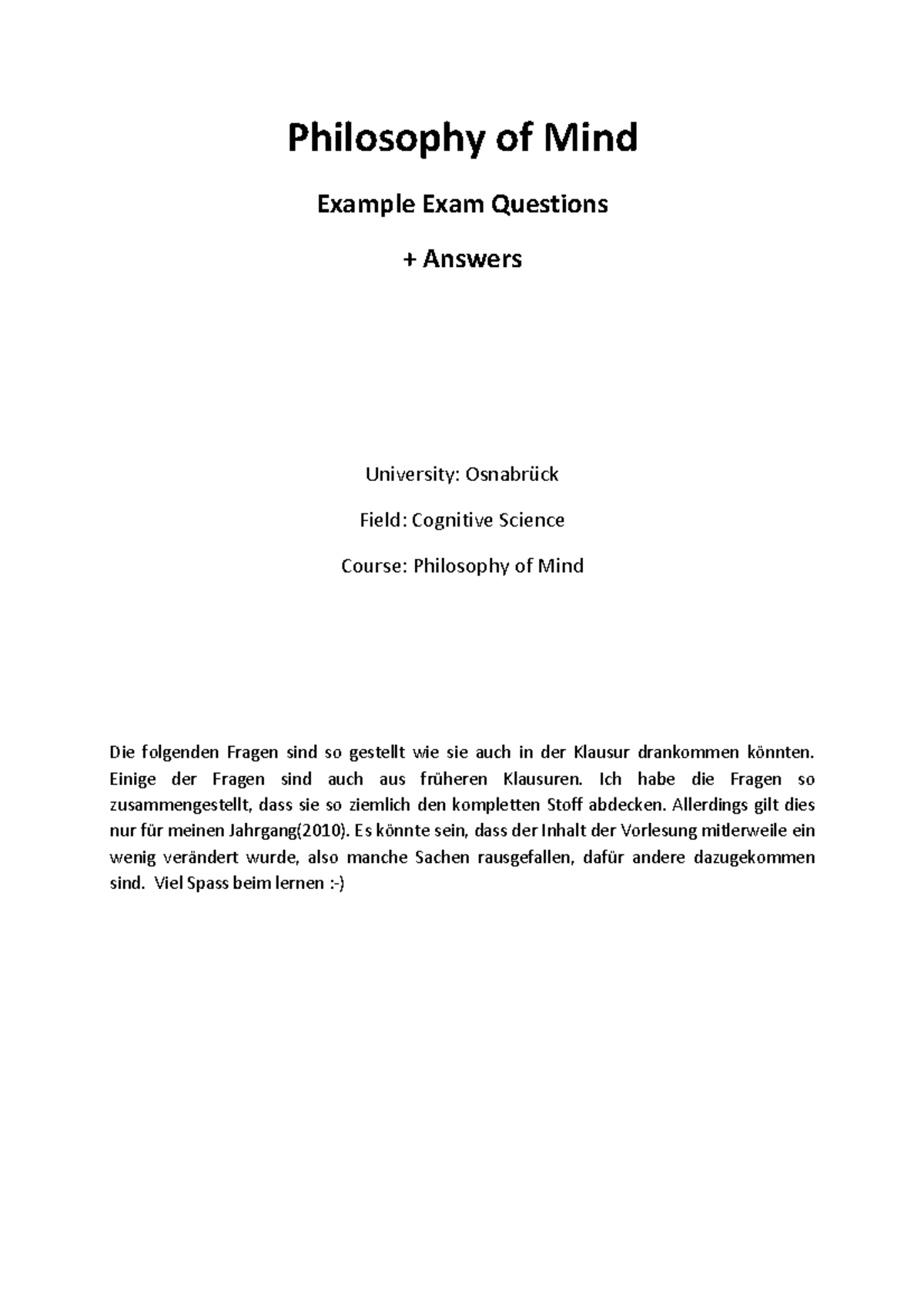 Philosophy of Mind Exam Questions (Mitschriften) - Philosophy of Mind ...