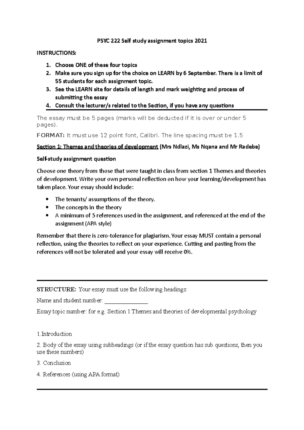 Self study assignment questions ALL FOUR 2021 - PSYC 222 Self study ...