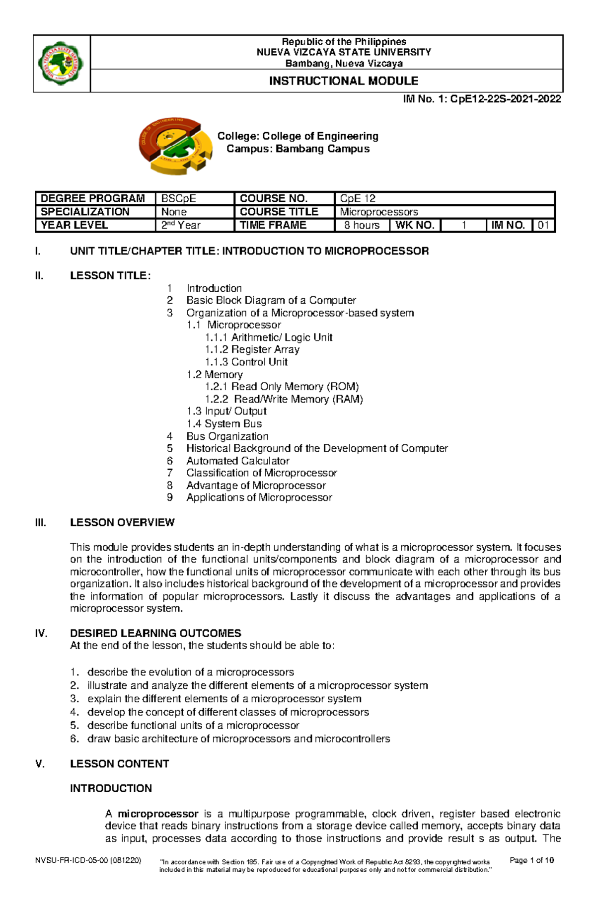 Module 1 ( Introduction TO Microprocessor) - NUEVA VIZCAYA STATE ...