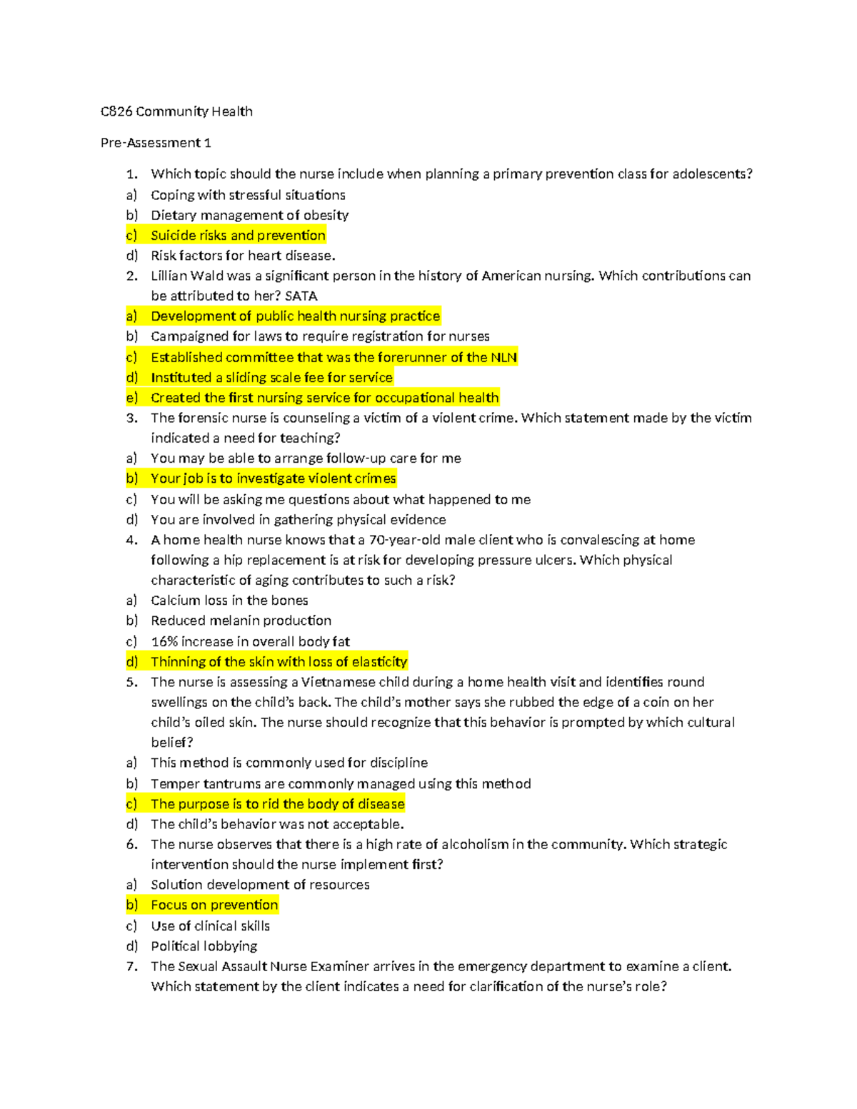 C826 Community Health Pre-Assessments - Which topic should the nurse ...