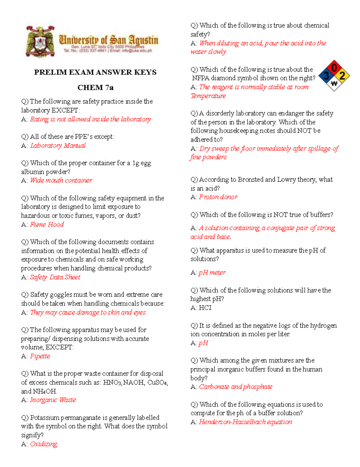 Prelim EXAM Answer KEYS CHEM 7a LAB - PRELIM EXAM ANSWER KEYS CHEM 7a Q ...