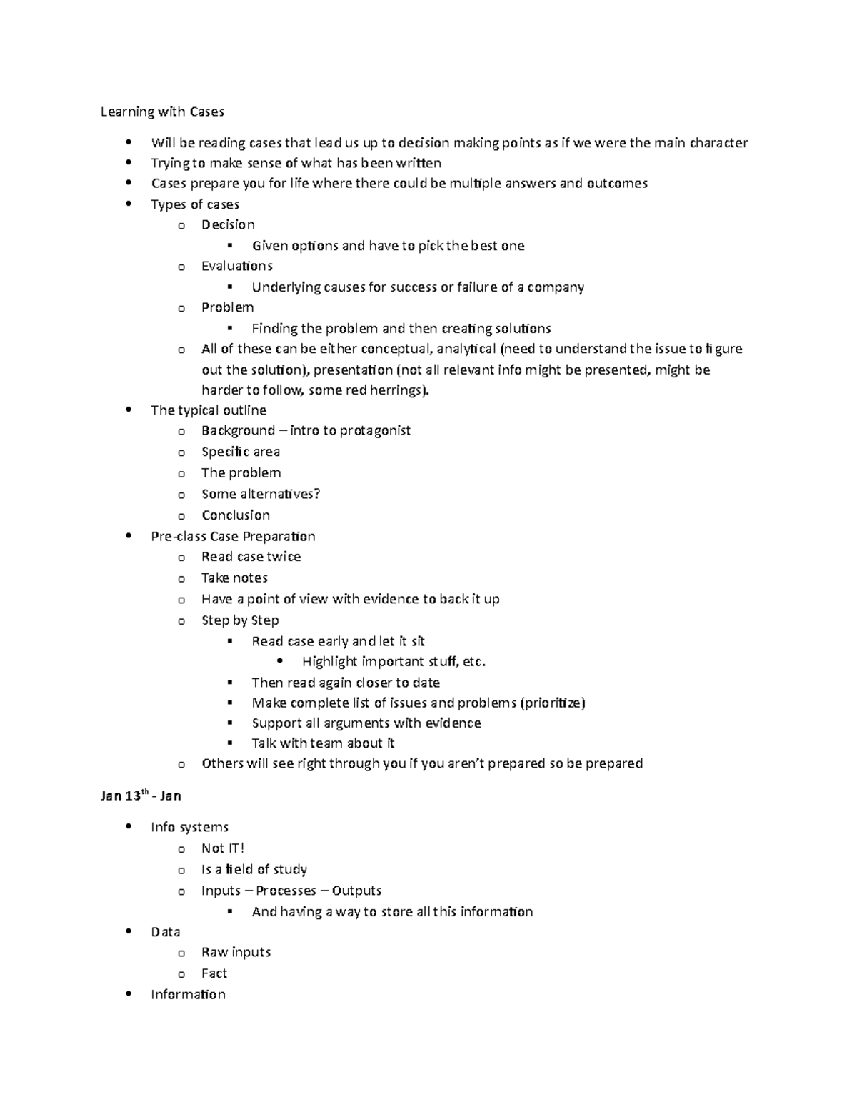 Week 1 - Intro to Class and Cases - Learning with Cases Will be reading ...
