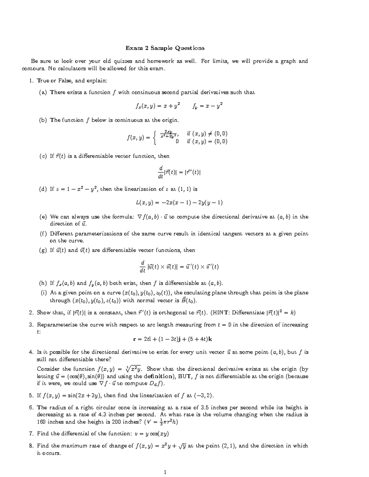 MATH32 Exam 2 - Exam 2 - Exam 2 Sample Questions Be sure to look over ...