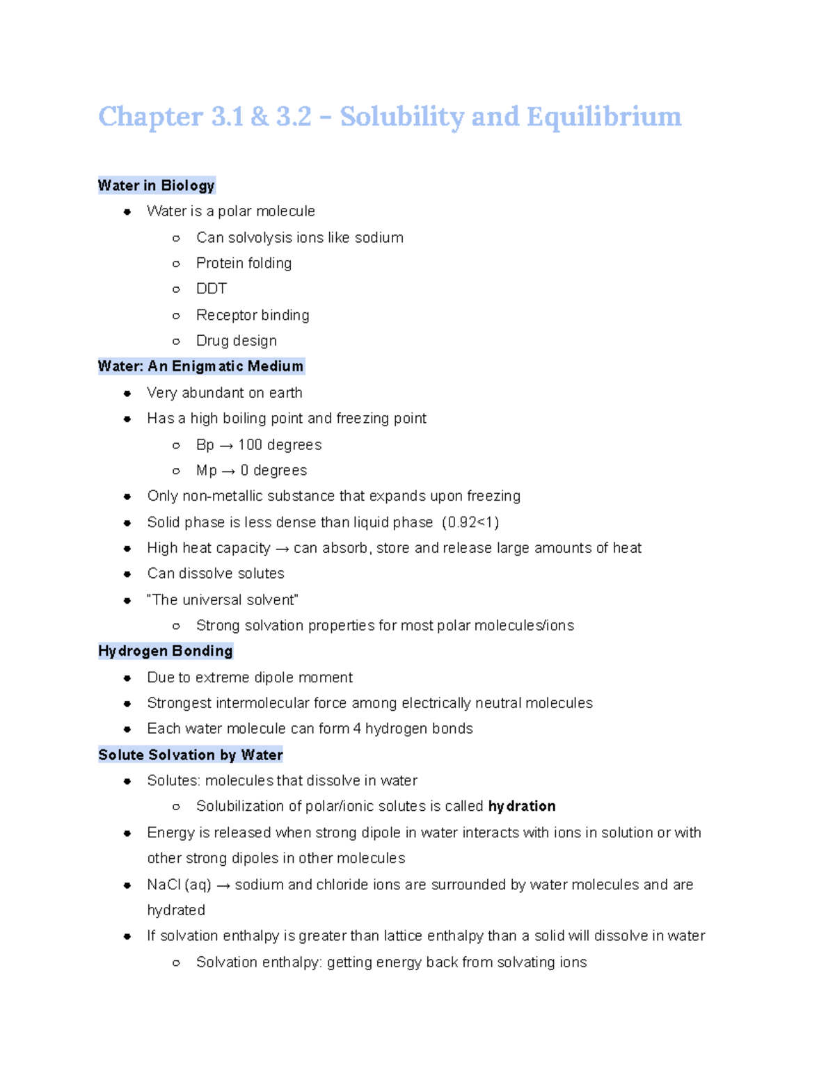 Chemistry 1302 - Notes - Chapter 3 & 3 - Solubility and Equilibrium ...