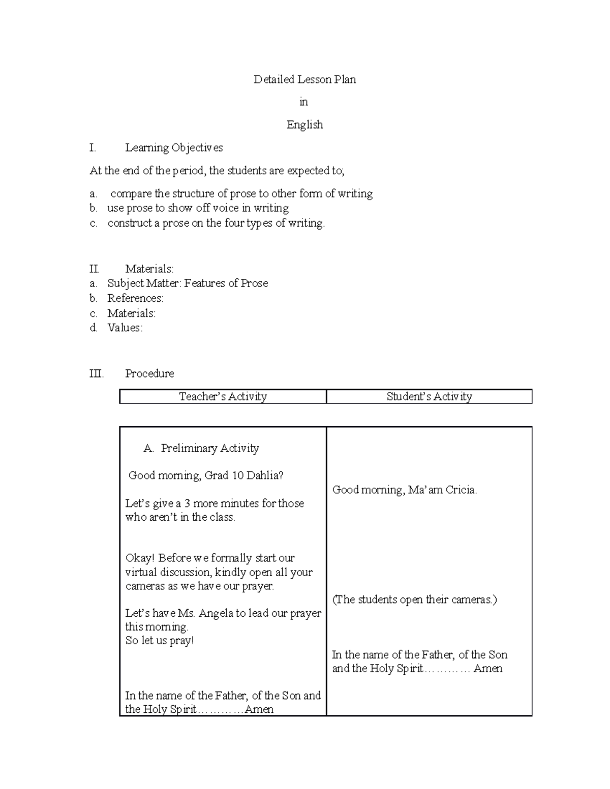 Features of Prose- detailed Lesson Plan - Detailed Lesson Plan in ...