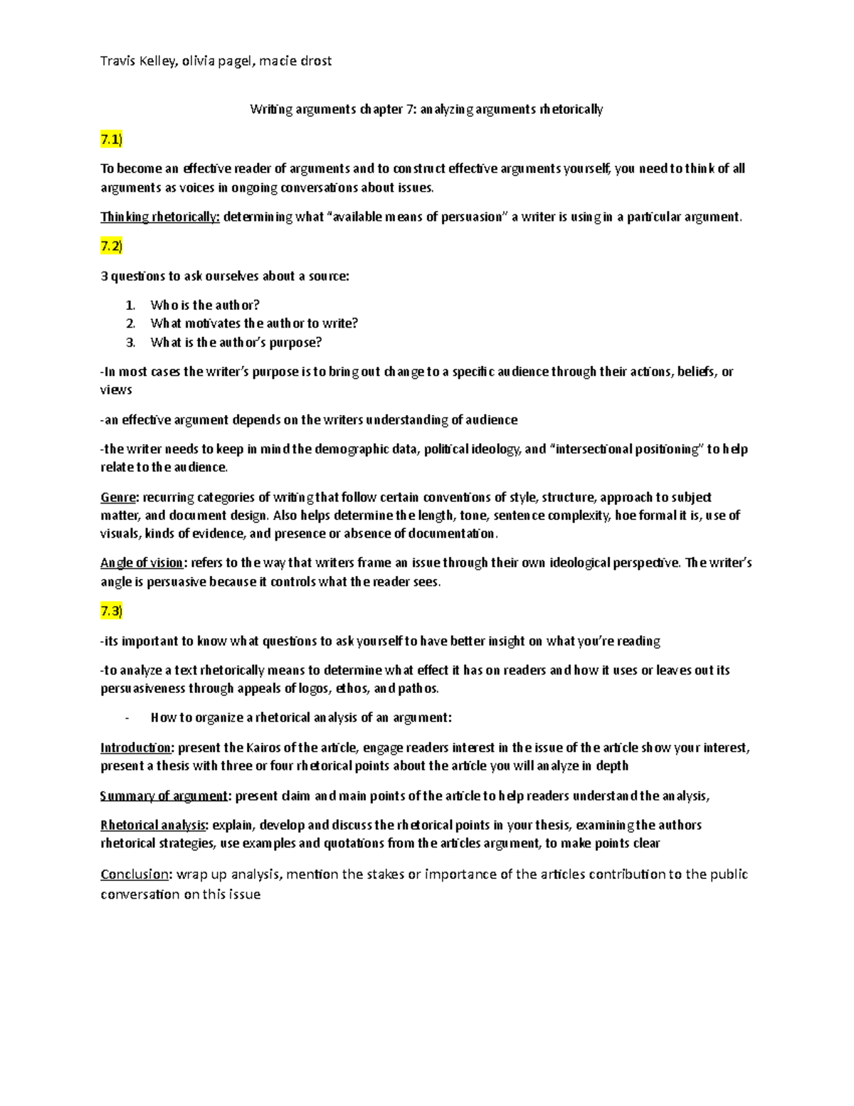 Writing arguments chapter 7 - Travis Kelley, olivia pagel, macie drost ...