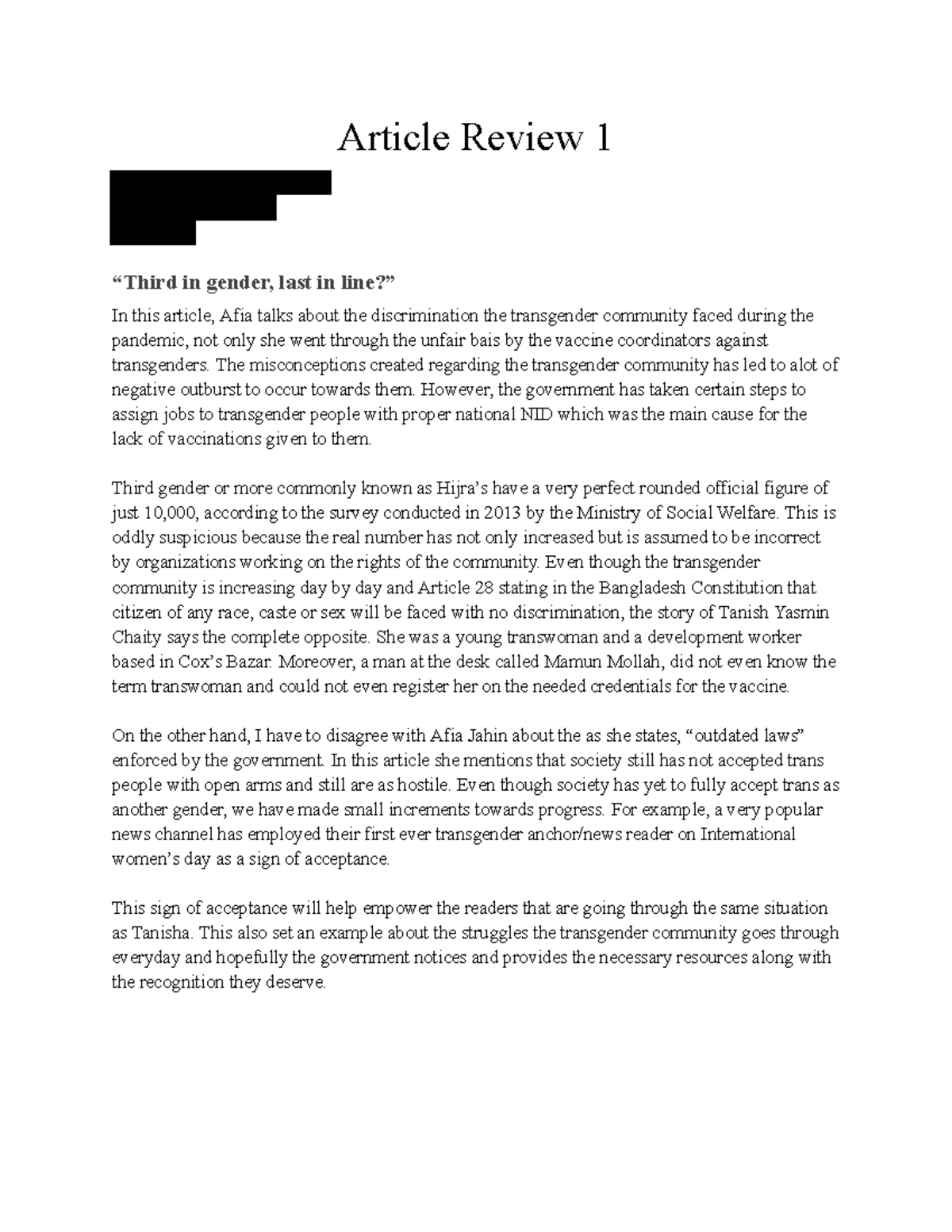 [ ENG101 ] - Article Reviews - Article Review 1 “Third in gender, last ...