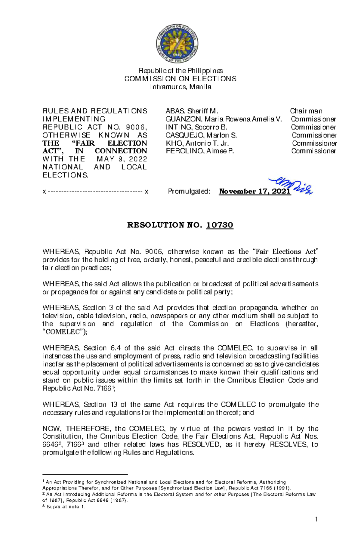 Comelec res 10730 IRR for Fair Election Act for 2022 NLE - Republic of ...
