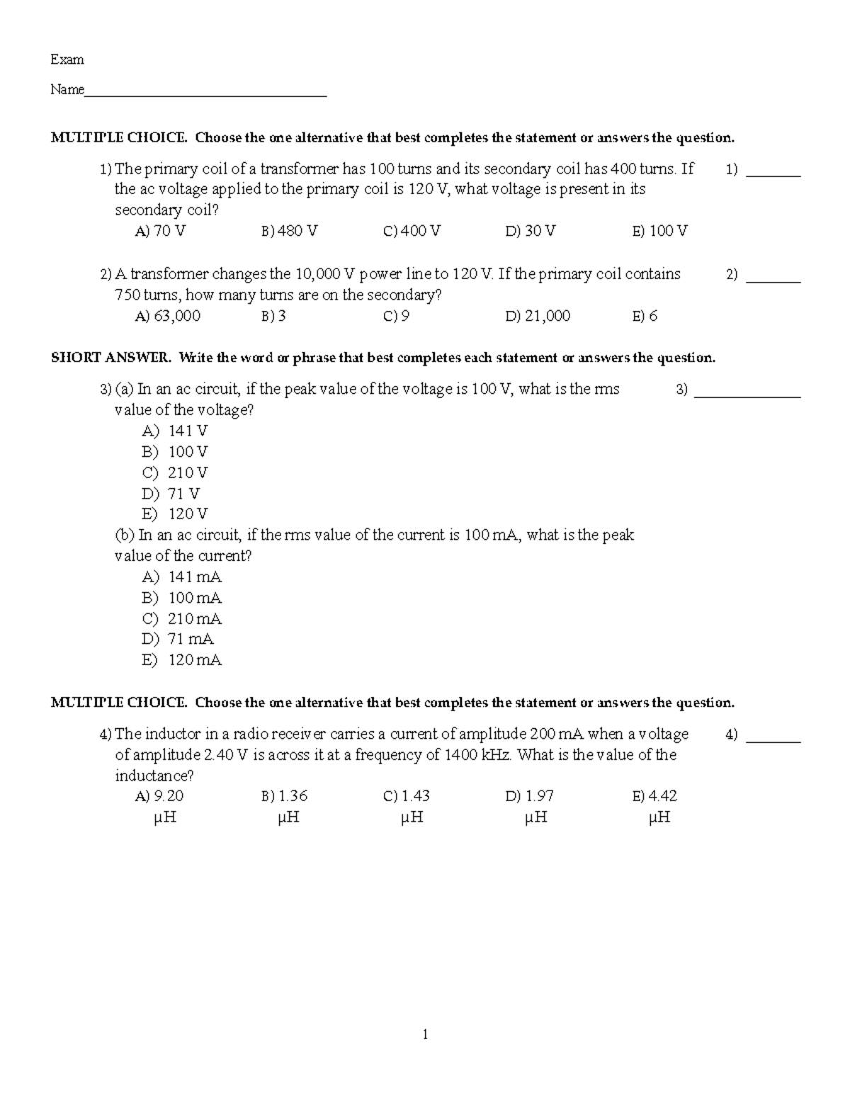 AC exercises - practice for exam - Exam Name ...