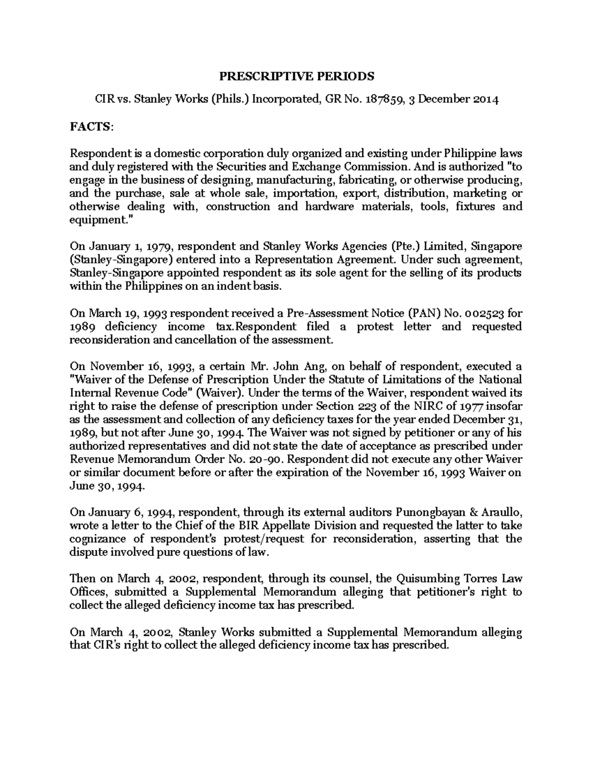 CIR vs. Stanley Works (Phils.) Incorporated - PRESCRIPTIVE PERIODS CIR ...
