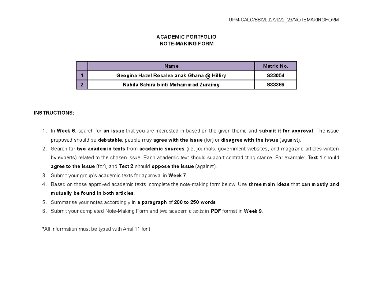 BBI Team Nabila and Geogina - UPM-CALC/BBI2002/2022_23/NOTEMAKINGFORM ...