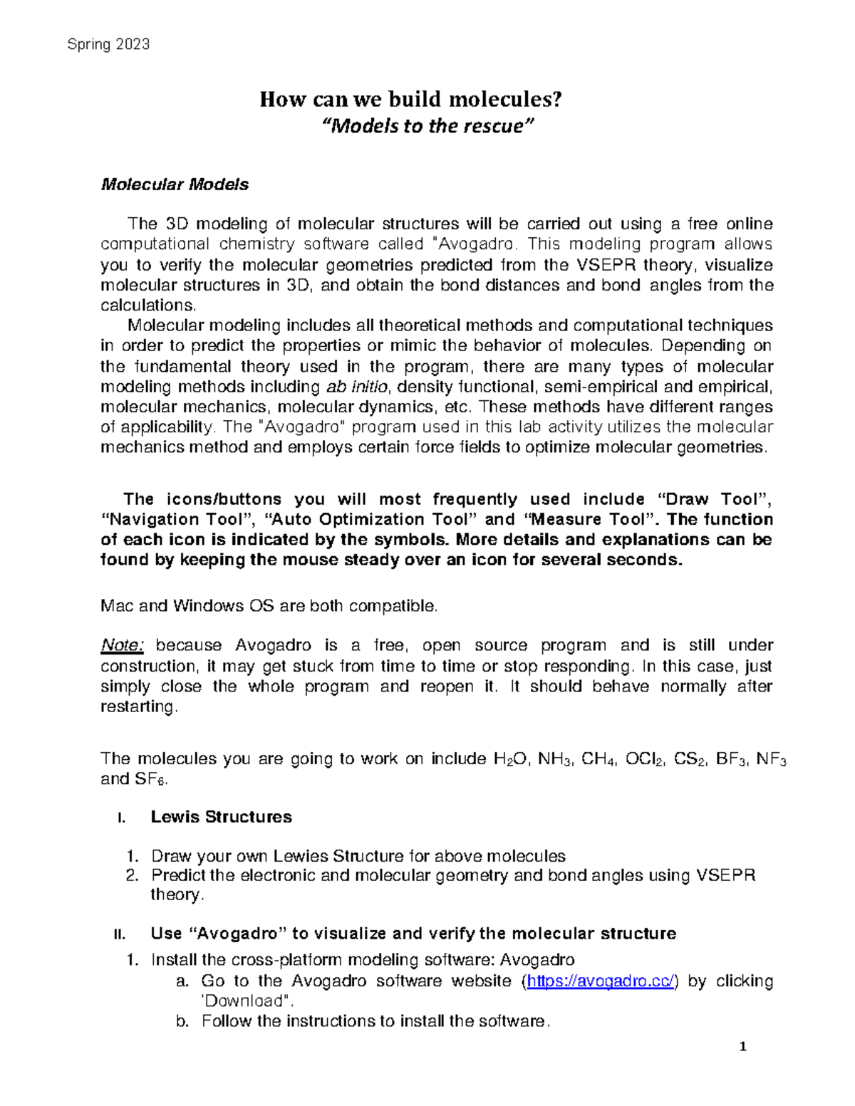 Lab 5 - Avogradro's Molecular models - 1 Spring 202 3 How can we build ...