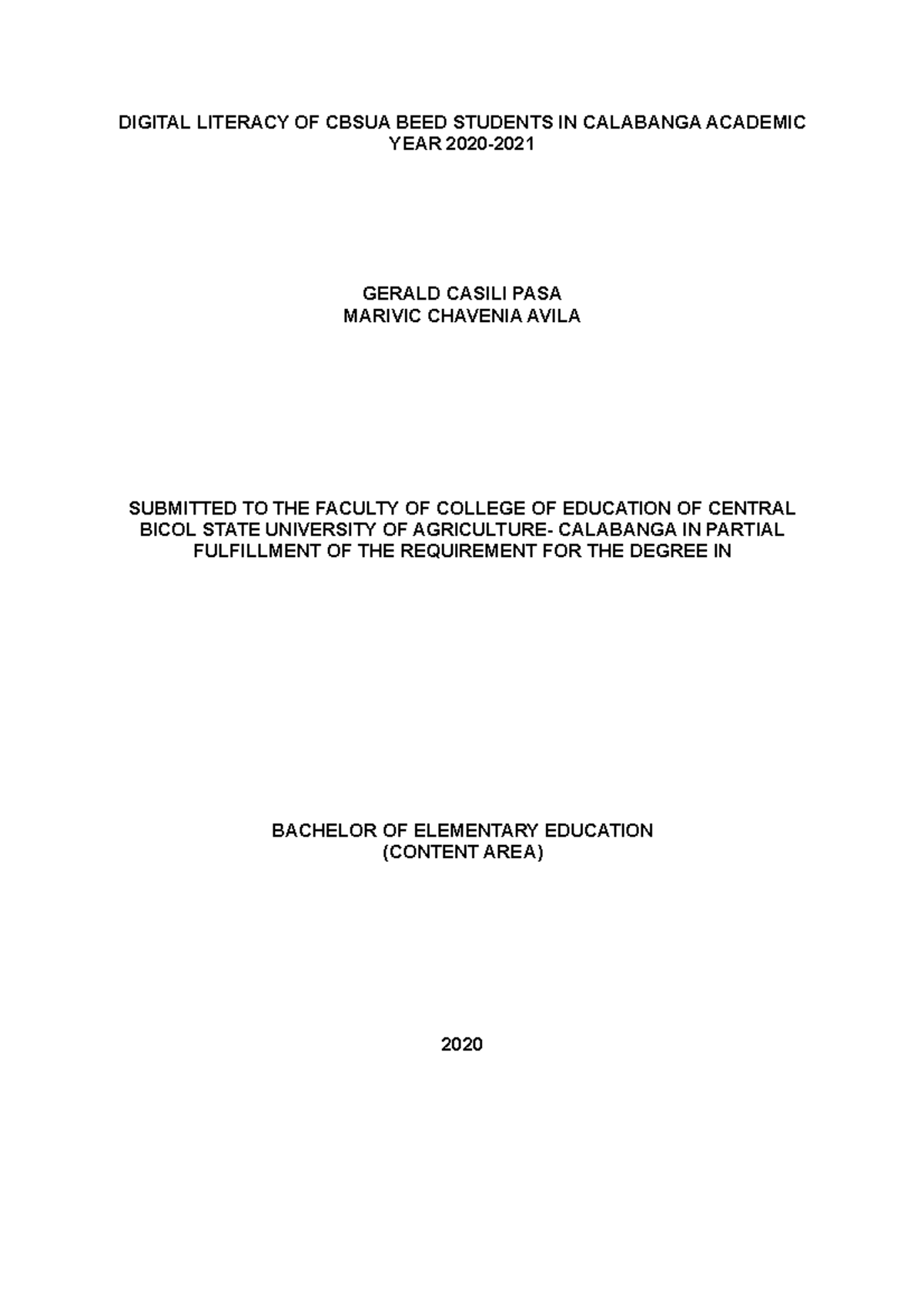 English and math - DIGITAL LITERACY OF CBSUA BEED STUDENTS IN CALABANGA ...