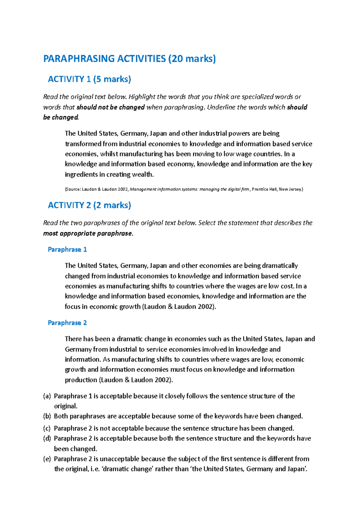[Exercise] Paraphrasing - PARAPHRASING ACTIVITIES (20 marks) ACTIVITY 1 ...