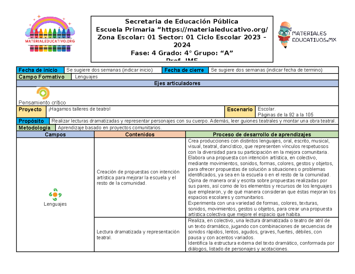 Planeacion Del 4to Grado 05 Hagamos talleres de teatro 2023-2024 ...