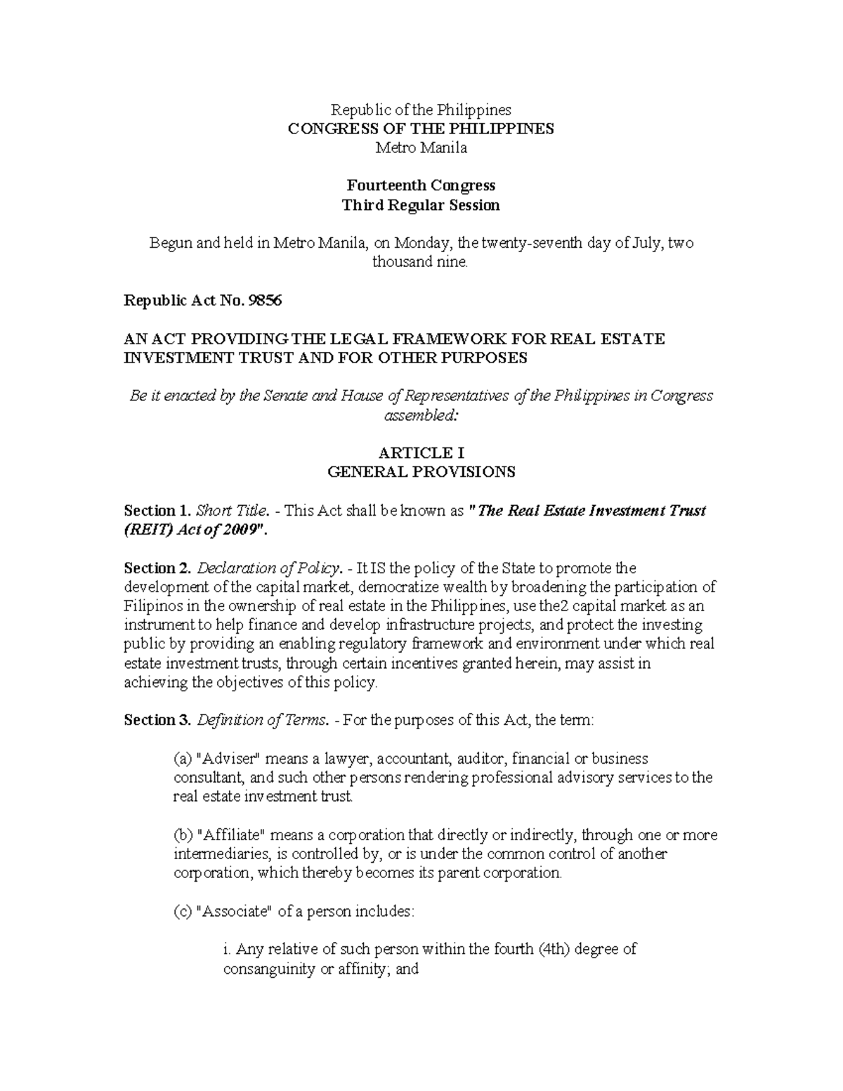 RA 9856 - REIT Law (19p) - REIT - ฀epublic of the Philippines ฀ONGRESS ...