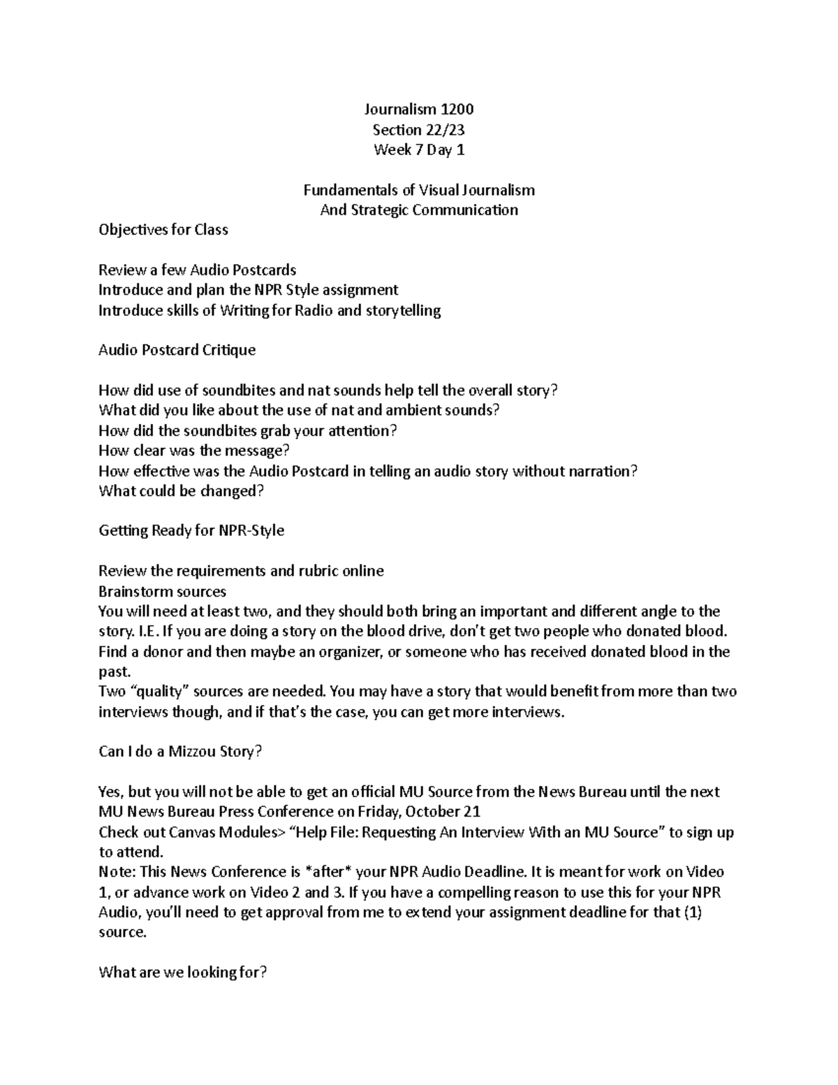 J1200 NPR Style Assignment and Storytelling Lecture Notes - Journalism ...