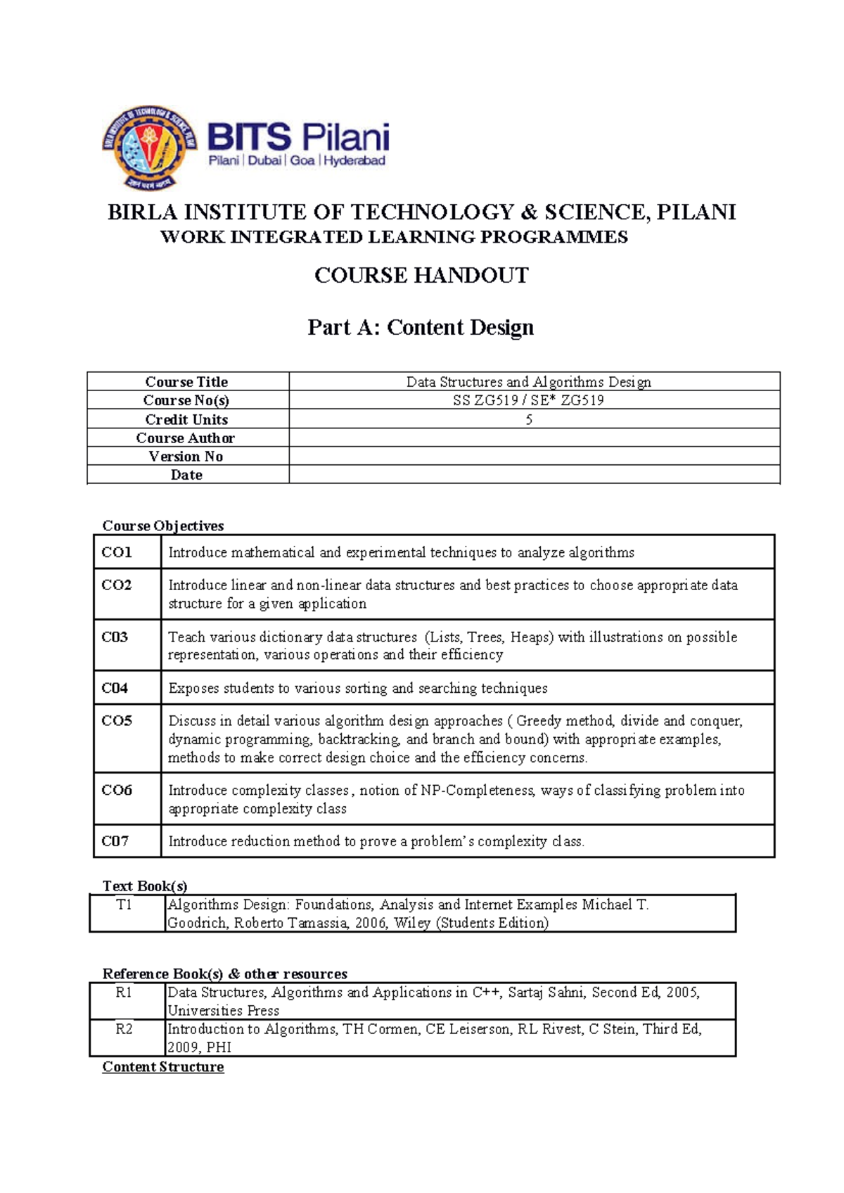 Ho Data Structures And Algorithms Design Flipped Birla Institute Of Technology And Science