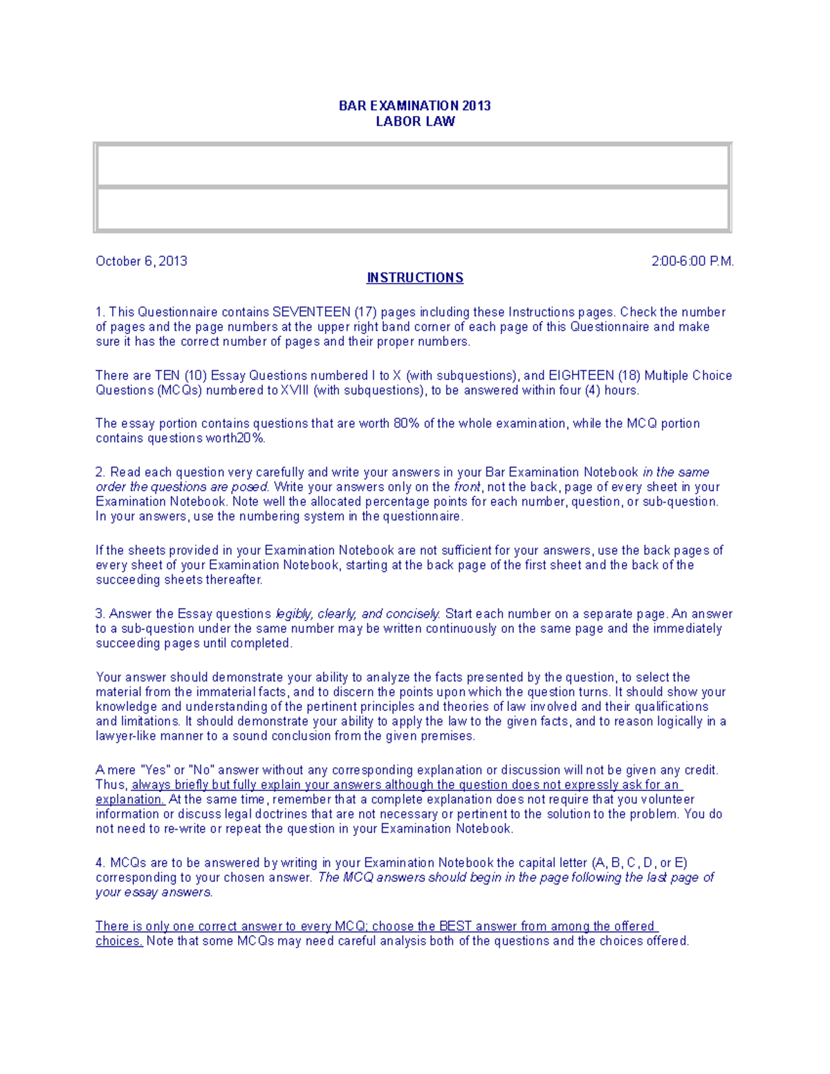 Labor LAW - Summaries - BAR EXAMINATION 2013 LABOR LAW October 6, 2013 ...