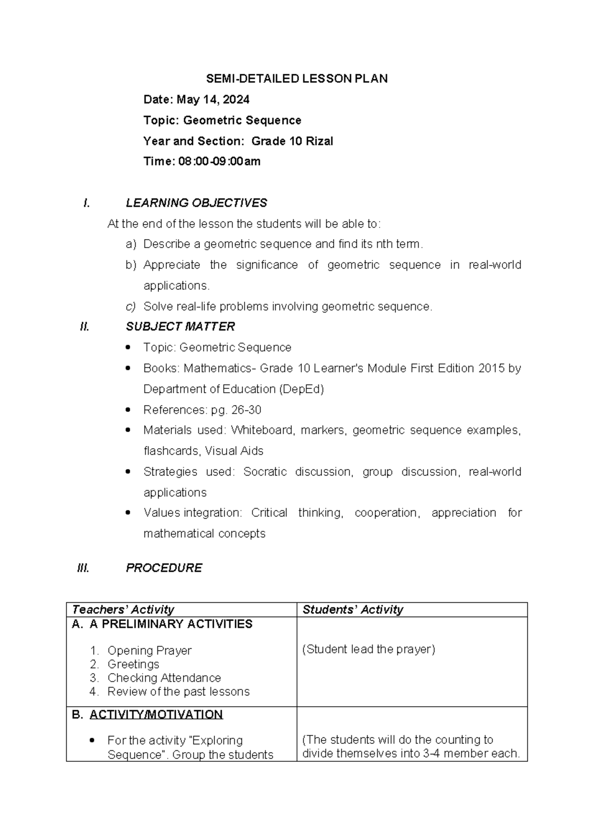 Geometric Sequence Lesson PLAN - SEMI-DETAILED LESSON PLAN Date: May 14 ...