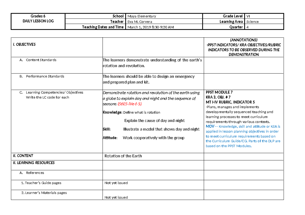 COT DLP Q4 Science 6 Earths Rotation EVA - Grades 6 DAILY LESSON LOG School Maya Elementary ...