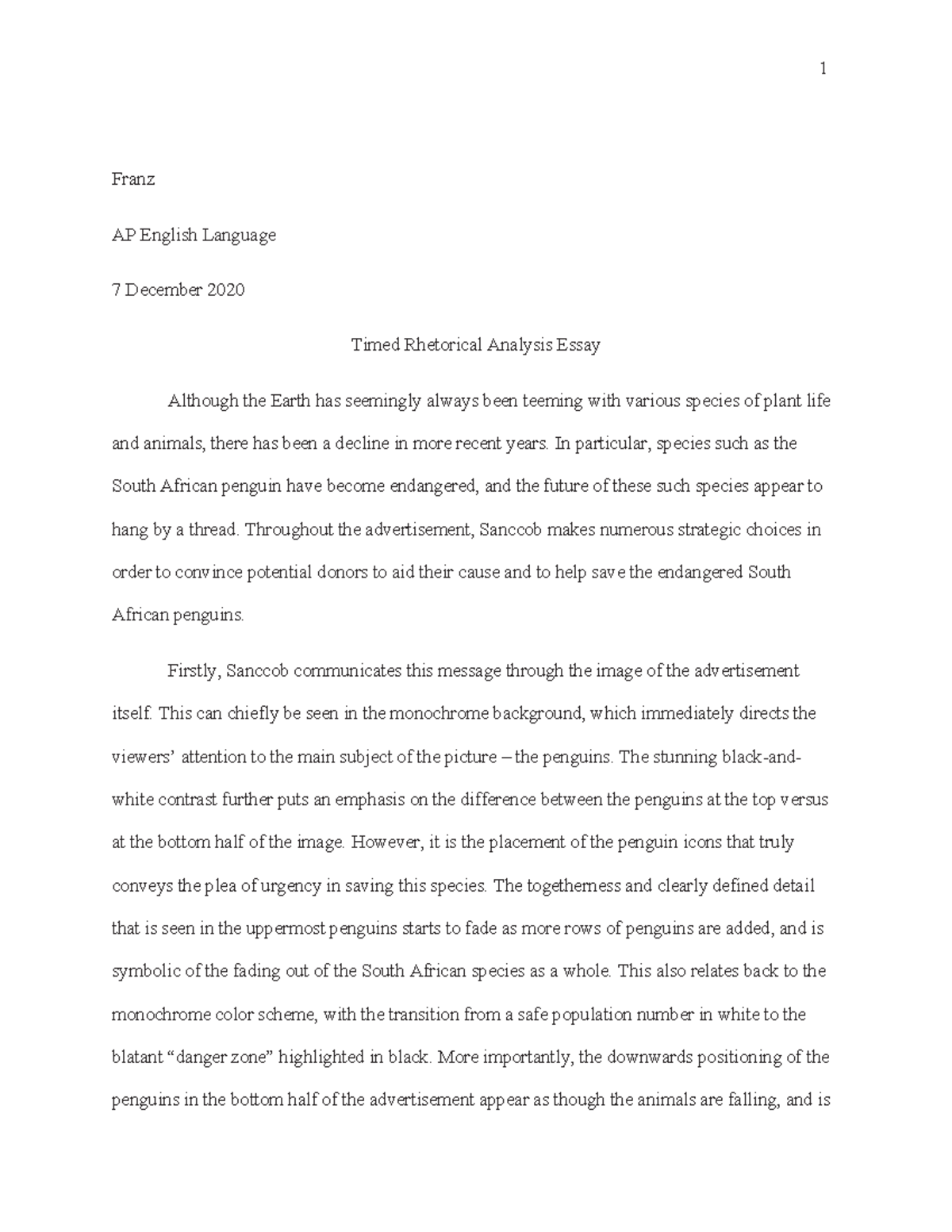 Timed Rhetorical Analysis Essay - 1 Franz AP English Language 7 ...