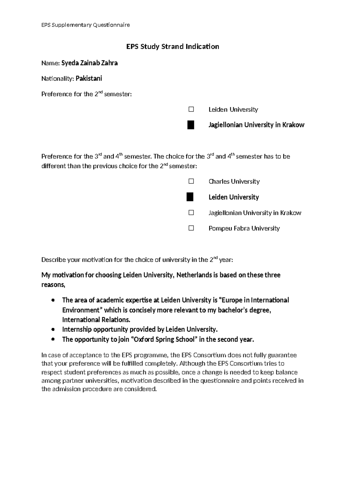 EPS Study Strand Indication - EPS Supplementary Questionnaire EPS Study ...