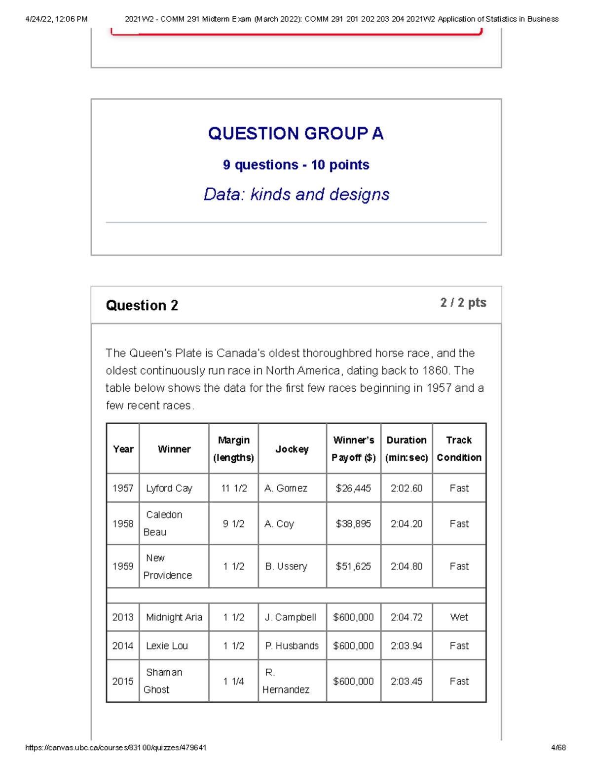 Midterm March 2022 - QUESTION GROUP A 9 questions - 10 points Data: kinds and designs Question 2 ...
