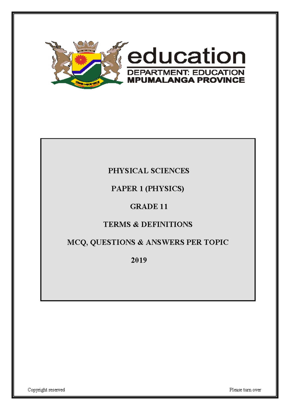 2019 grade 11 PSC manual for questions 1-2 - PHYSICAL SCIENCES PAPER 1 ...
