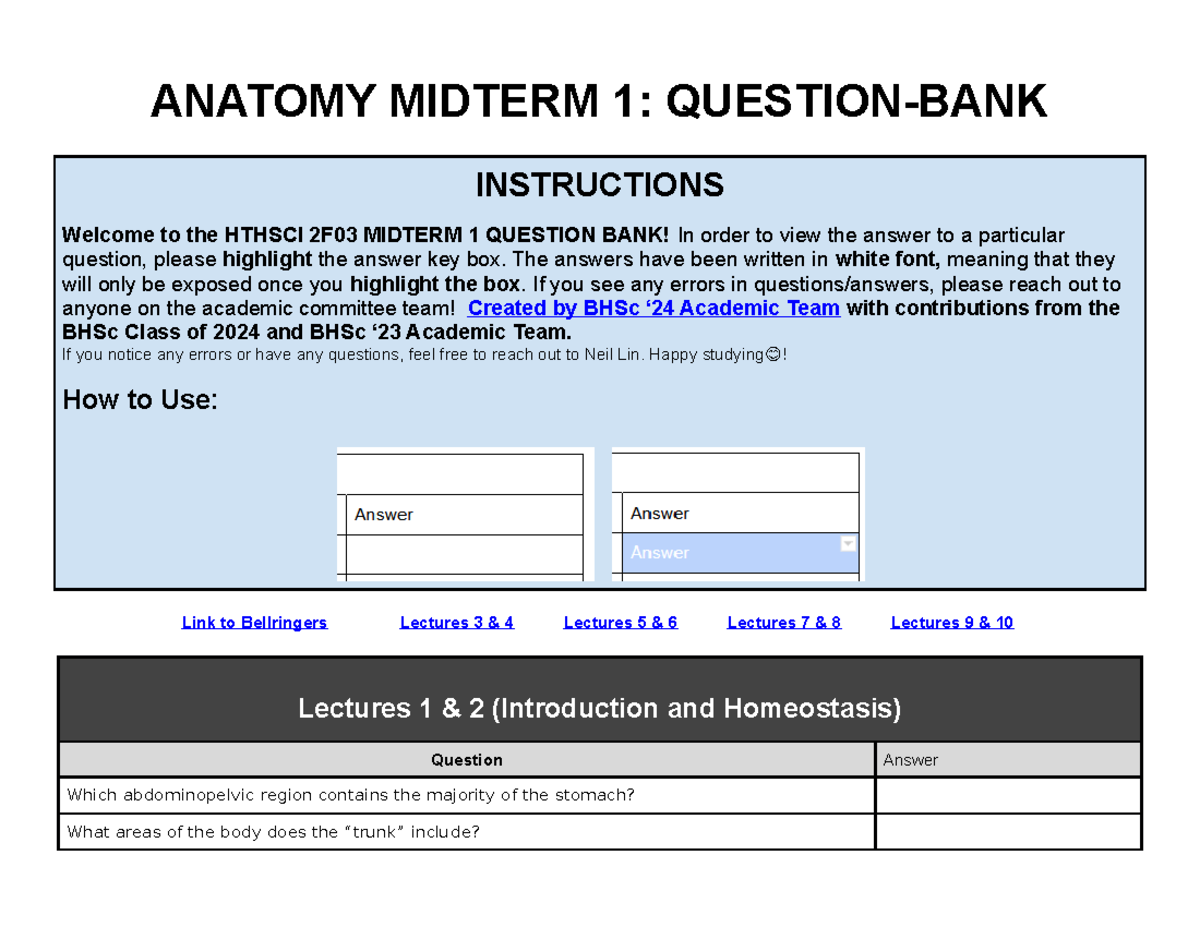 Midterm 1 Question Bank - ANATOMY MIDTERM 1: QUESTION-BANK INSTRUCTIONS Welcome to the HTHSCI ...
