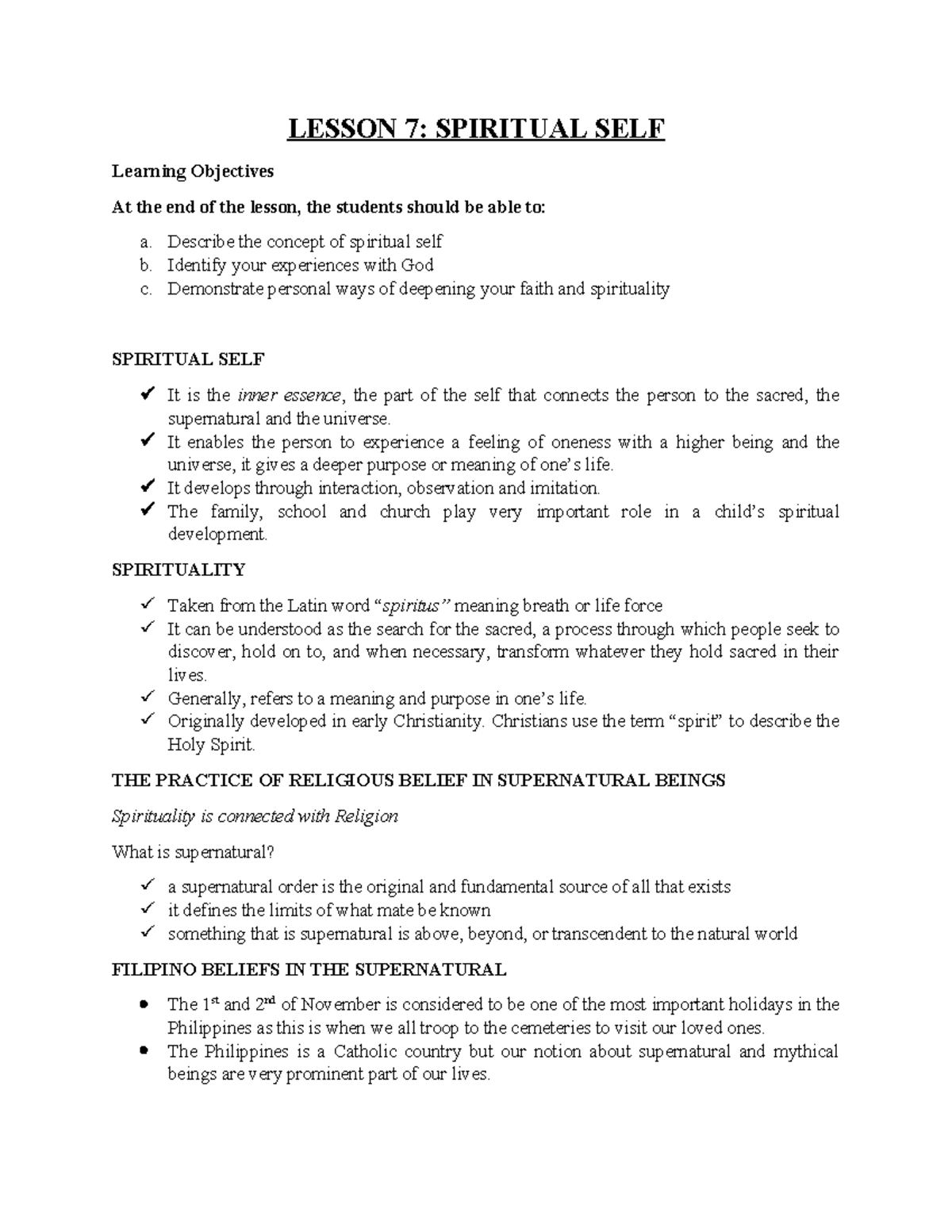 Finals- Coverage - Reviewer - LESSON 7: SPIRITUAL SELF Learning ...