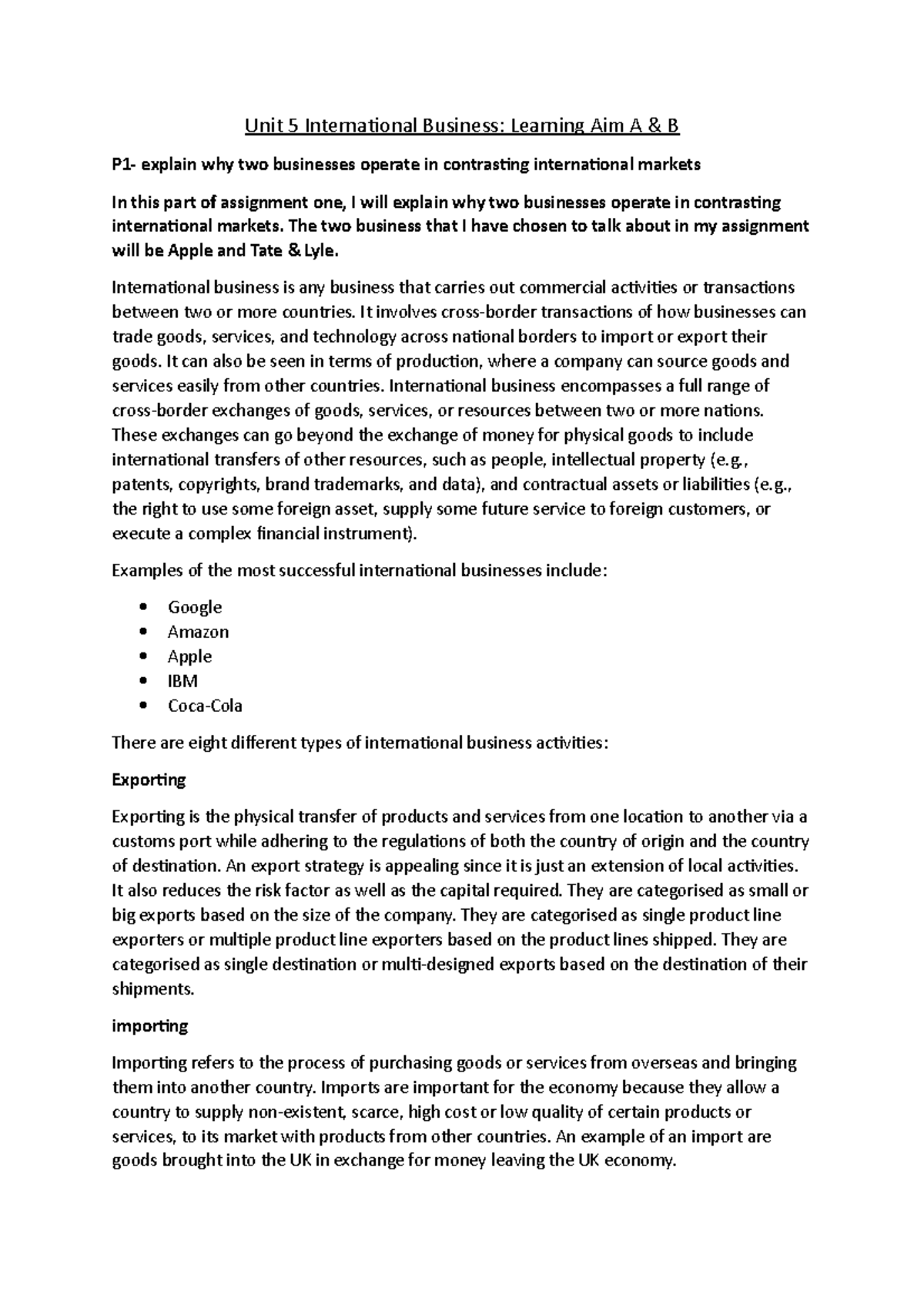 P1,P2,M1,P3,P4,M2,D1 - Unit 5 International Business: Learning Aim A & B P1- explain why two ...