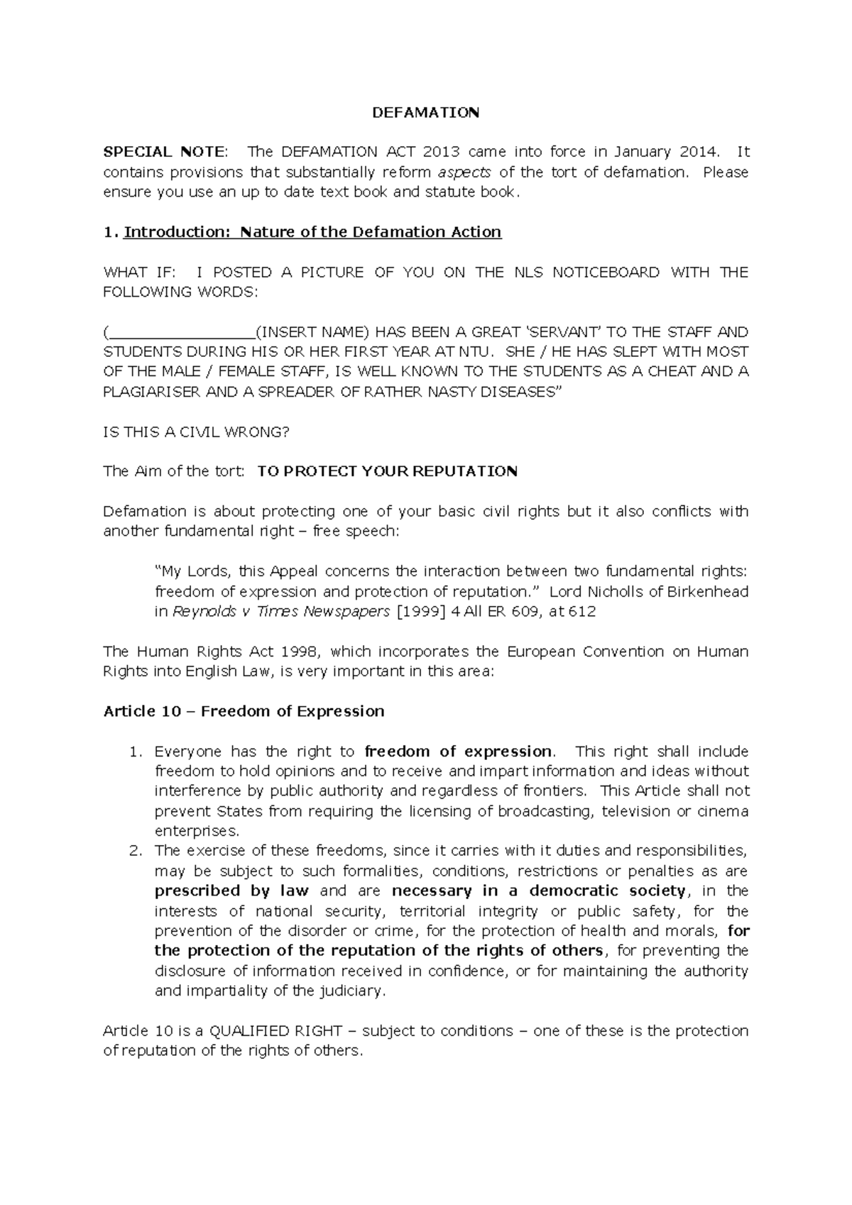 Defamation+Lecture+Outline - DEFAMATION SPECIAL NOTE: The DEFAMATION ...