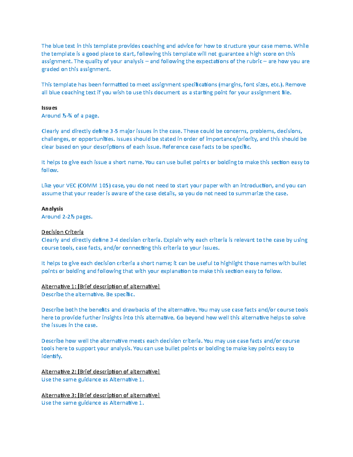 COMM 101 - Case Memo Template - The blue text in this template provides ...