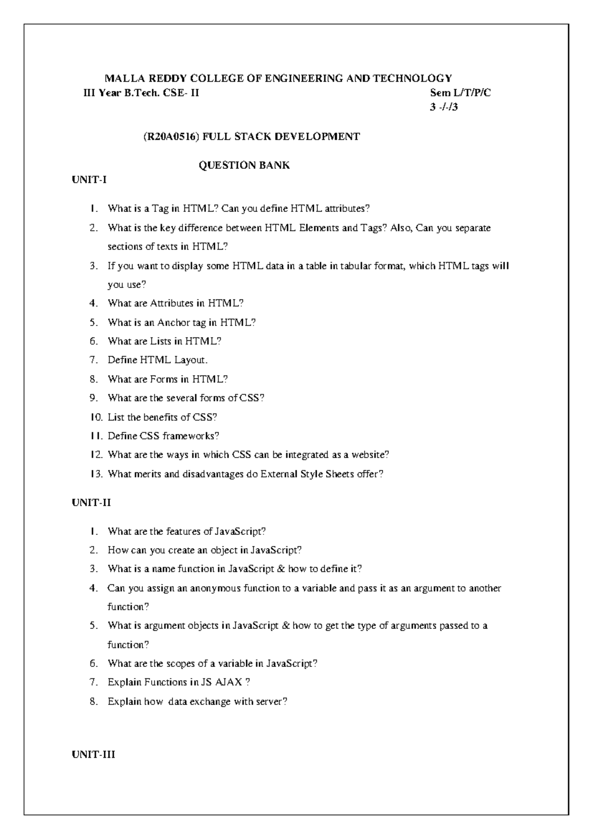 Full Stack DEvelopment Question Bank - MALLA REDDY COLLEGE OF ...