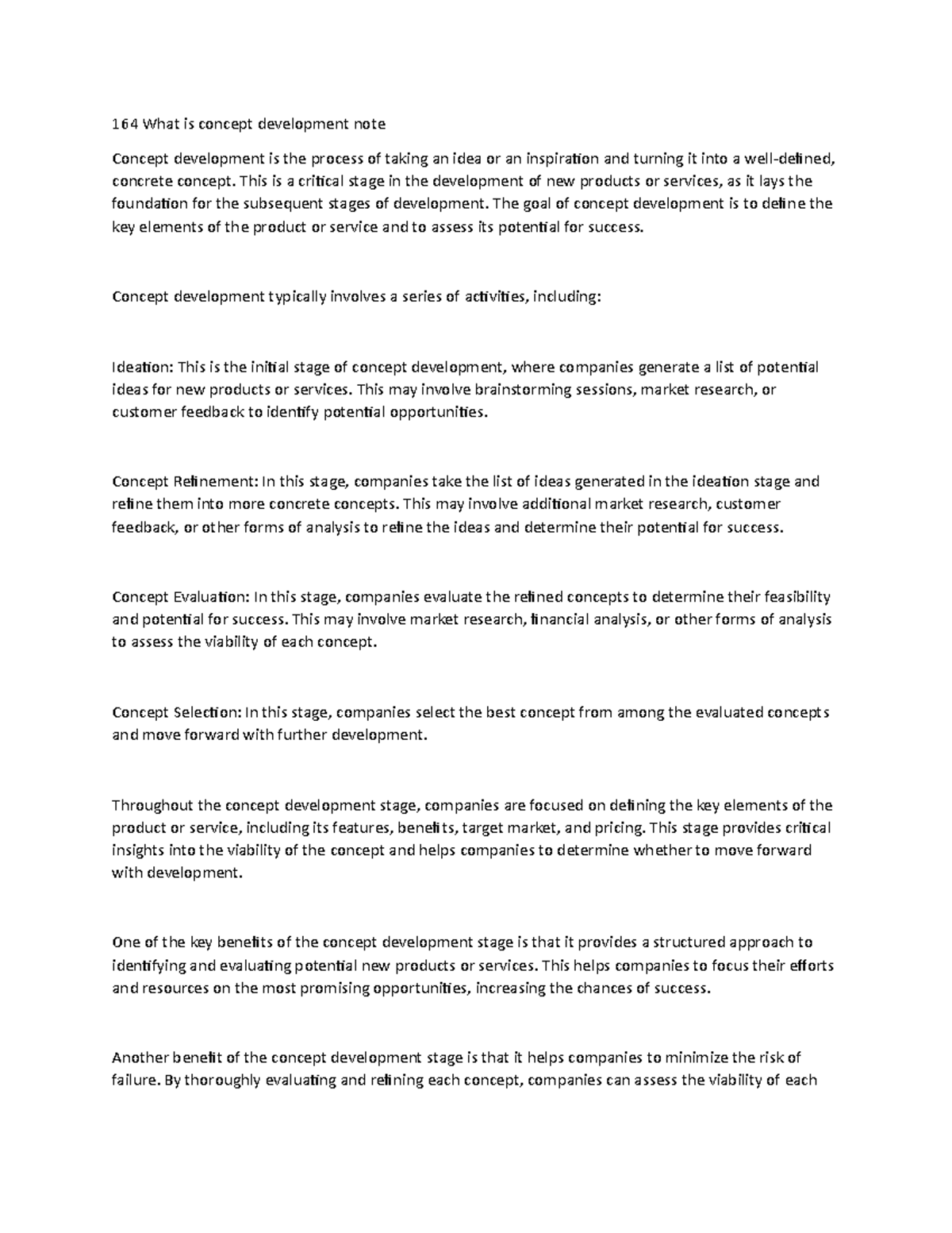 164 What is concept development note - This is a critical stage in the ...